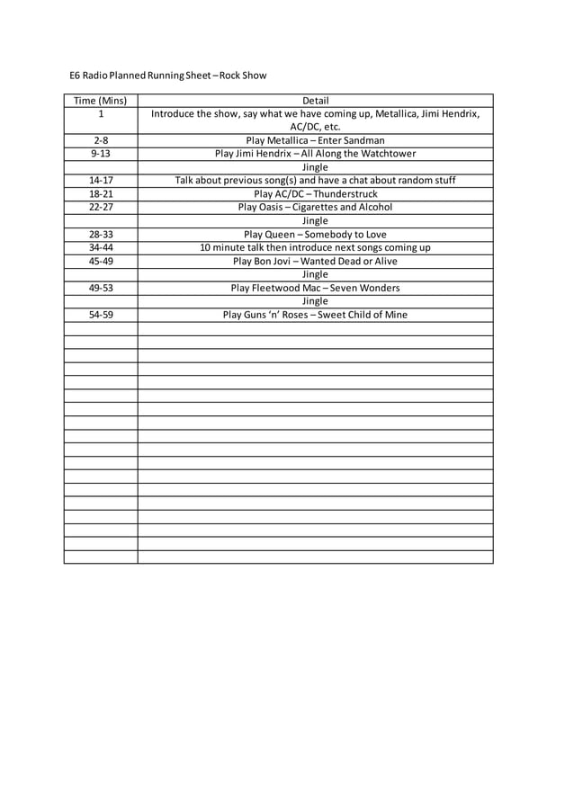 E6 radio planned running sheet (2) | DOCX | Rock Music | Music