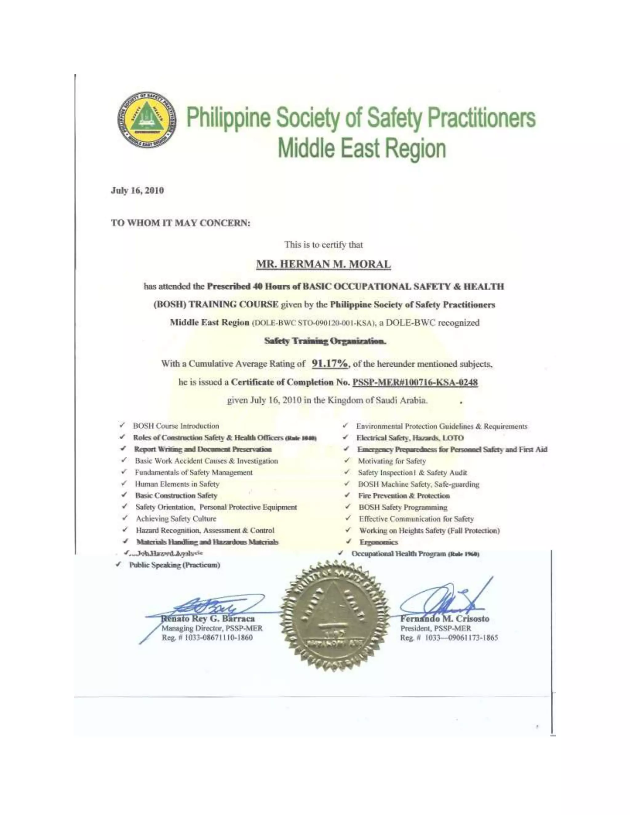 BOSH Certificate and Grades | PDF