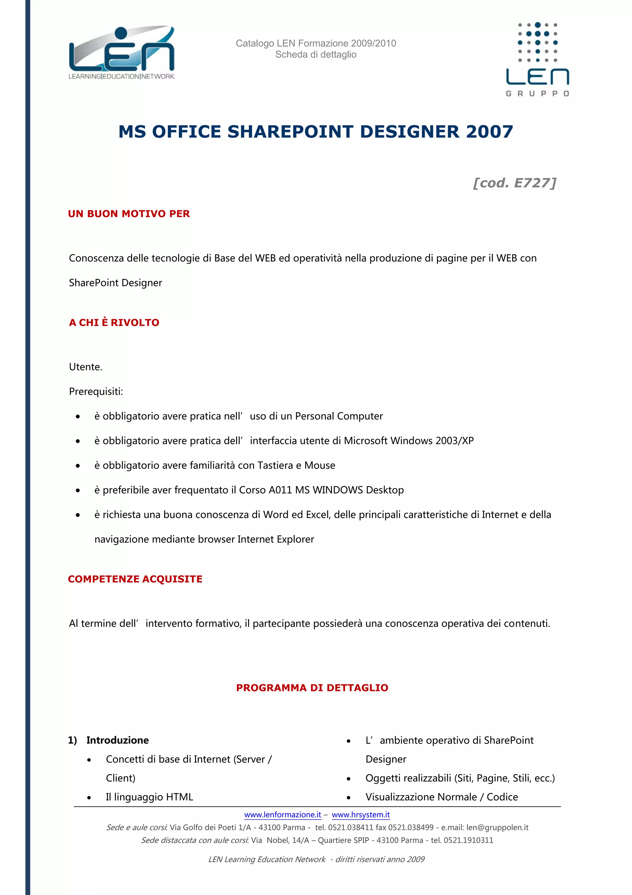Ms Office Sharepoint designer 2007 - Scheda corso LEN | PDF | Computing | Technology & Computing