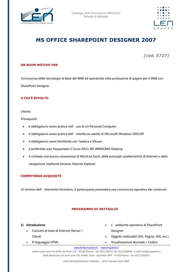 Ms Office Sharepoint designer 2007 - Scheda corso LEN | PDF | Computing | Technology & Computing