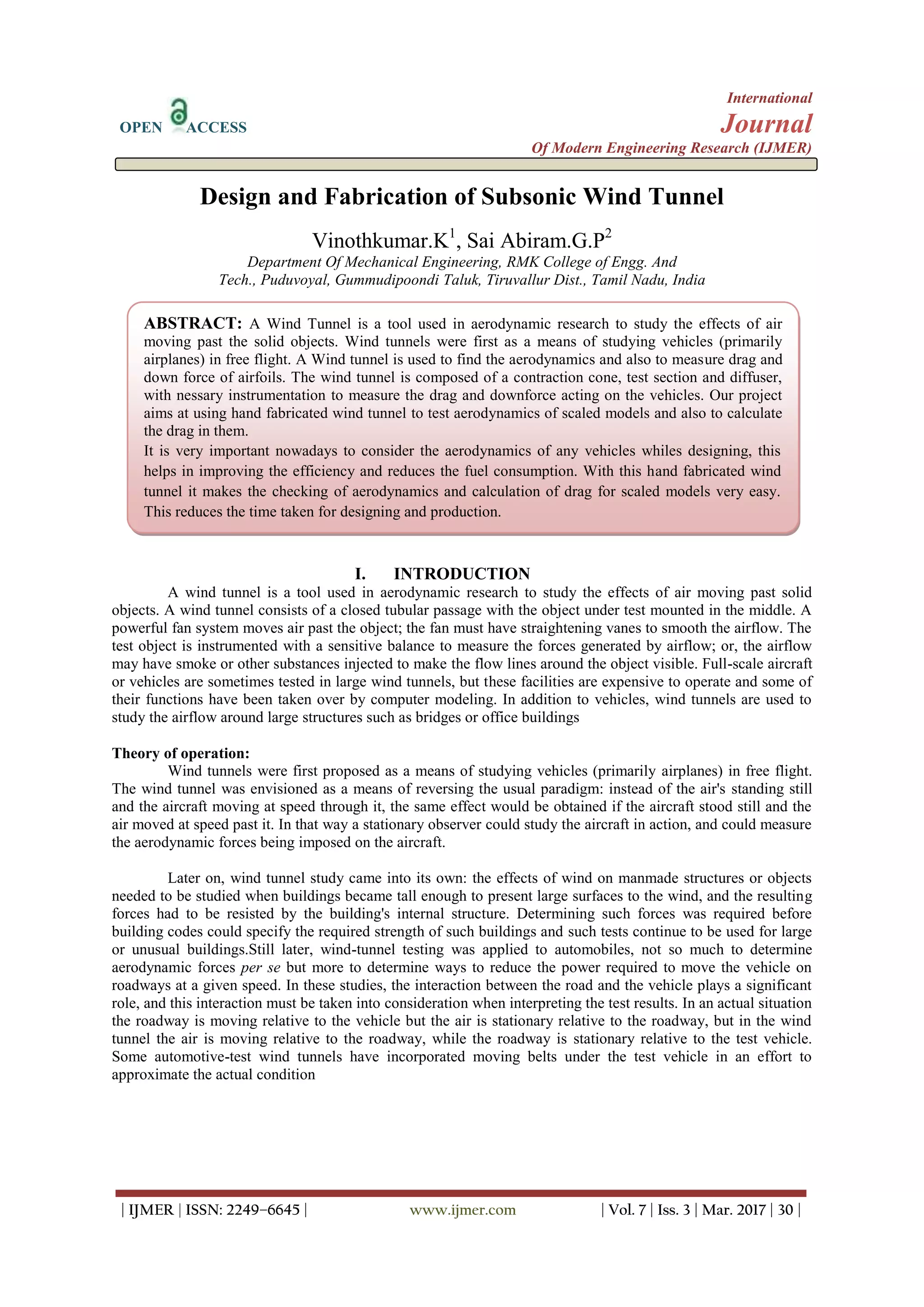 Design and Fabrication of Subsonic Wind Tunnel | PDF | Physics | Science