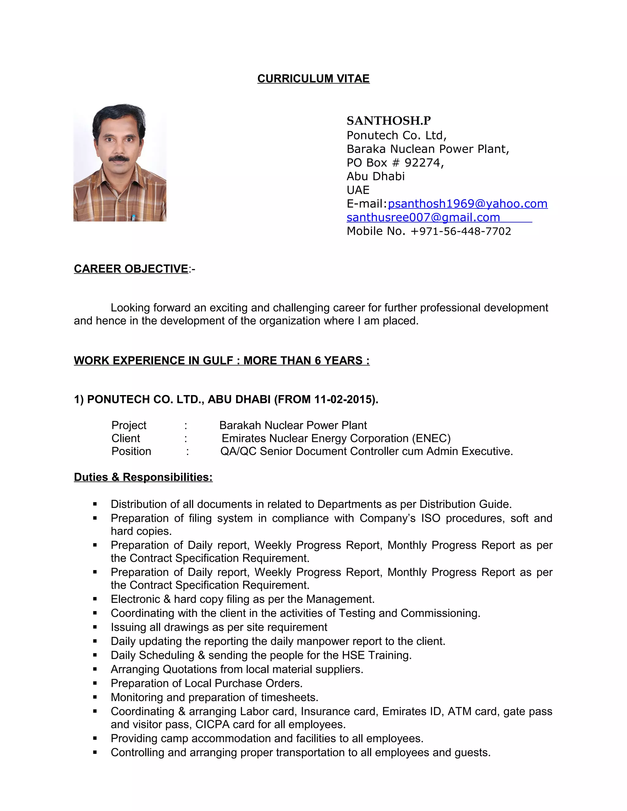 CV of QA-QC Senior Document Controller cum Admin Executive | DOC