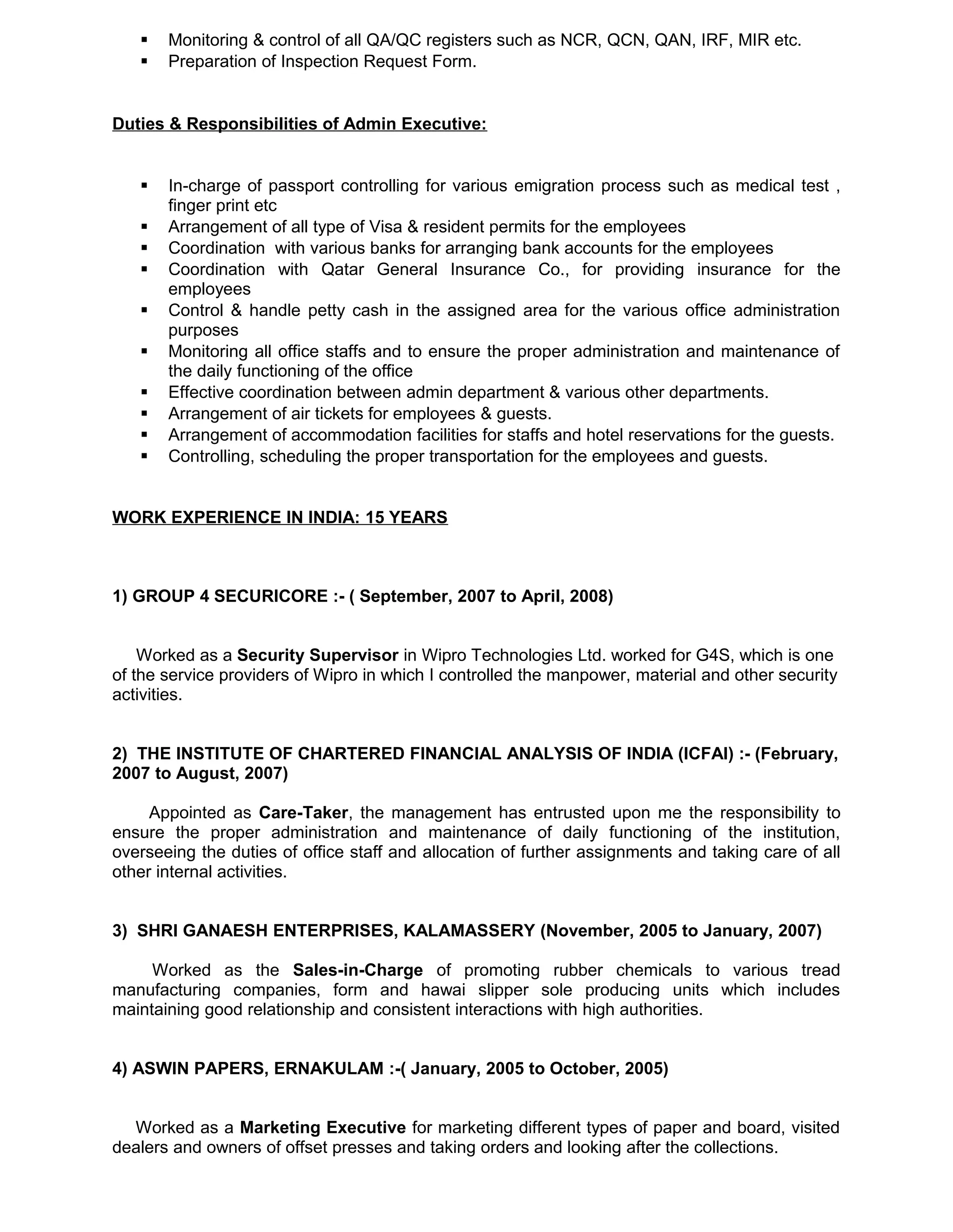 CV of QA-QC Senior Document Controller cum Admin Executive | DOC