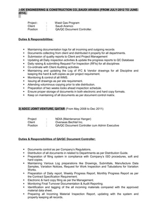 CV of QA-QC Senior Document Controller cum Admin Executive | PDF