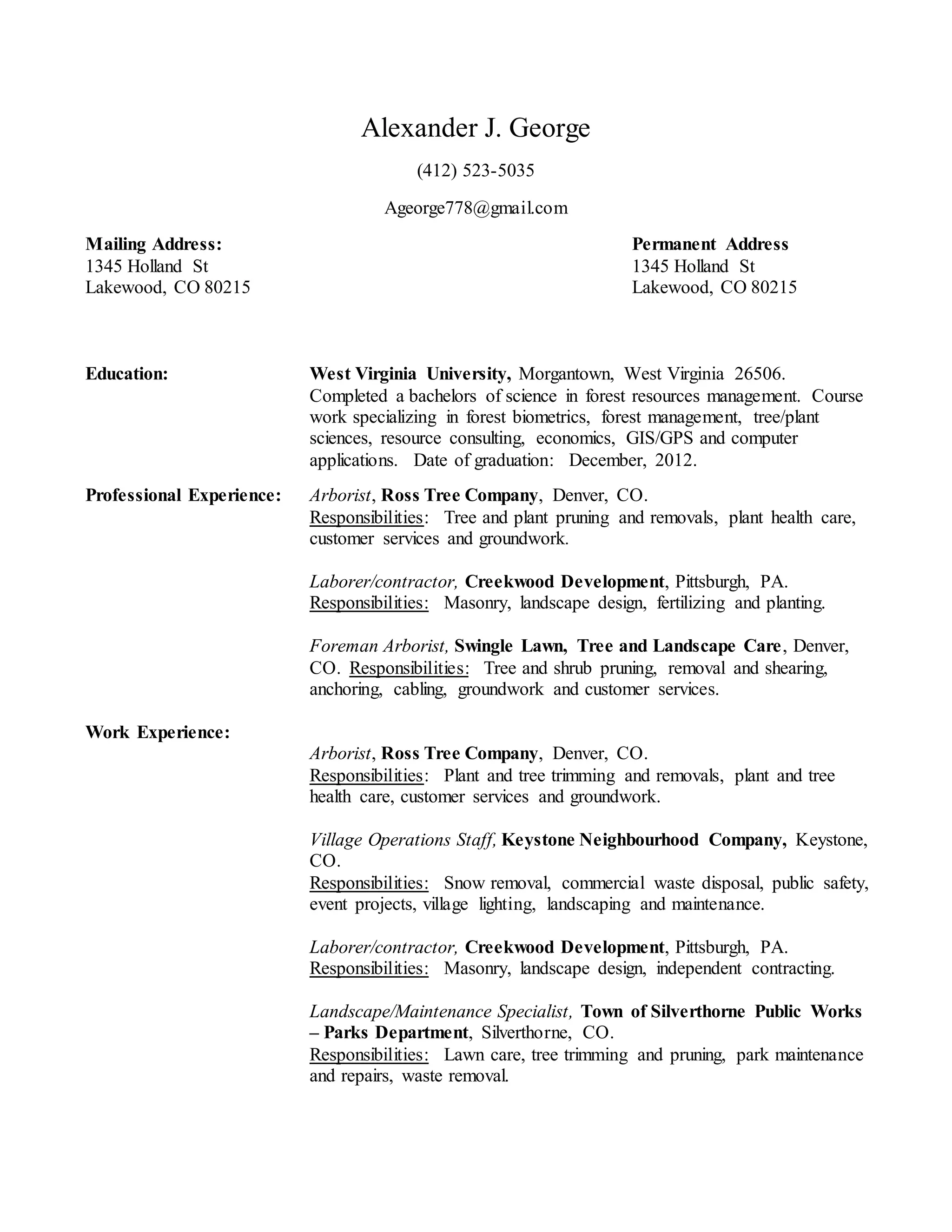 2016 Resume - Alexander George | DOCX | Landscaping | Home & Garden