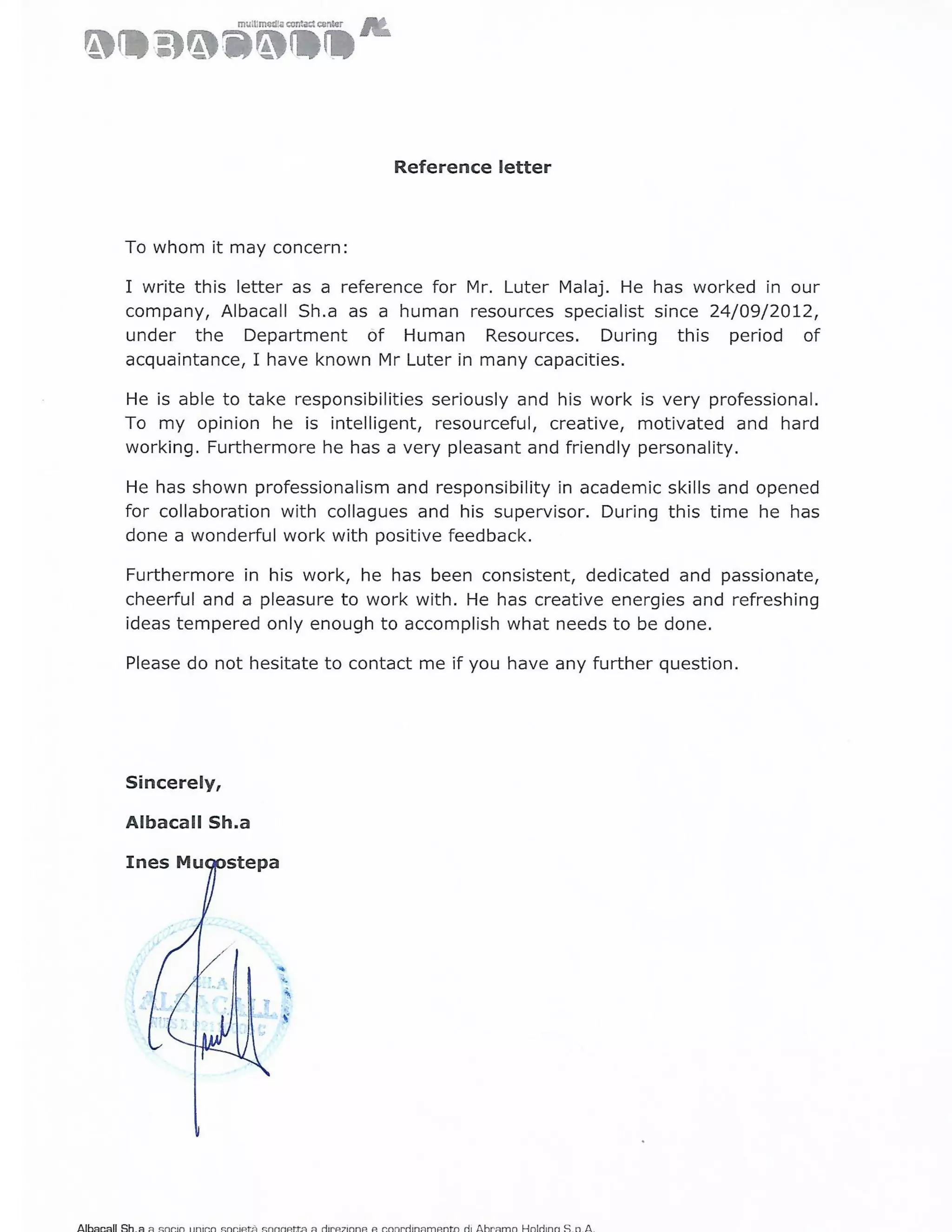 Luter Malaj Reference Letter | PDF