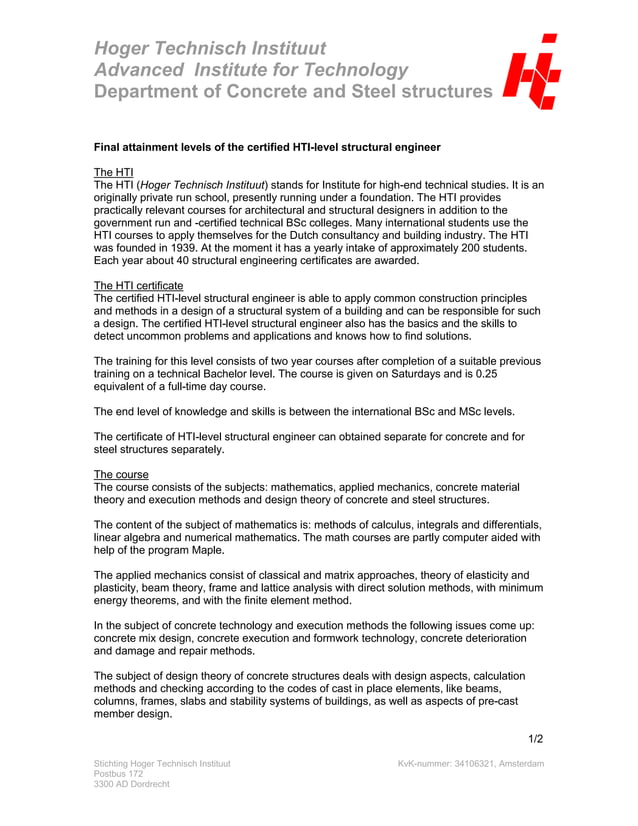 Eindtermen Diploma Beton- en Staalconstructeur-HTI engels | PDF