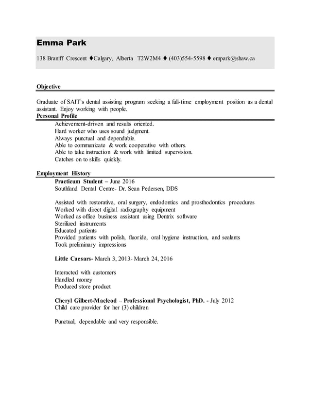 Emma Park Resume | DOCX | Dental Health | Diseases and Conditions