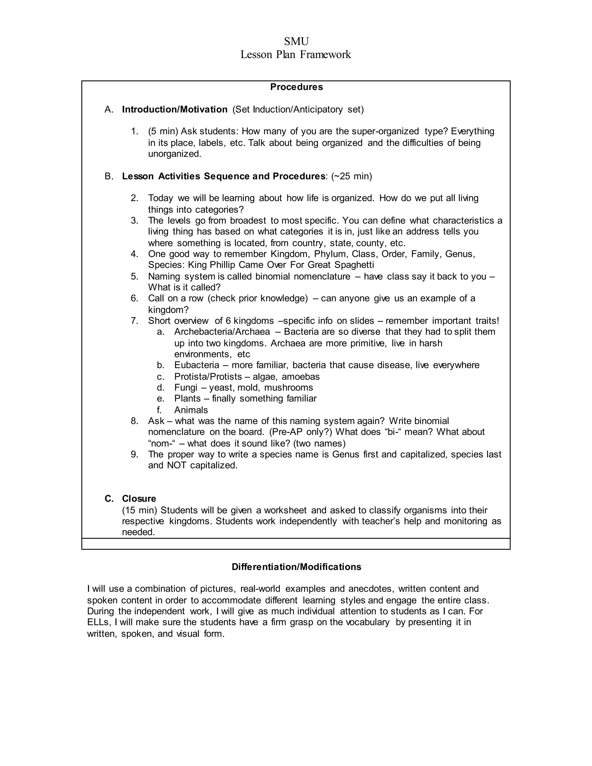 Lesson - Classification of Life | DOCX