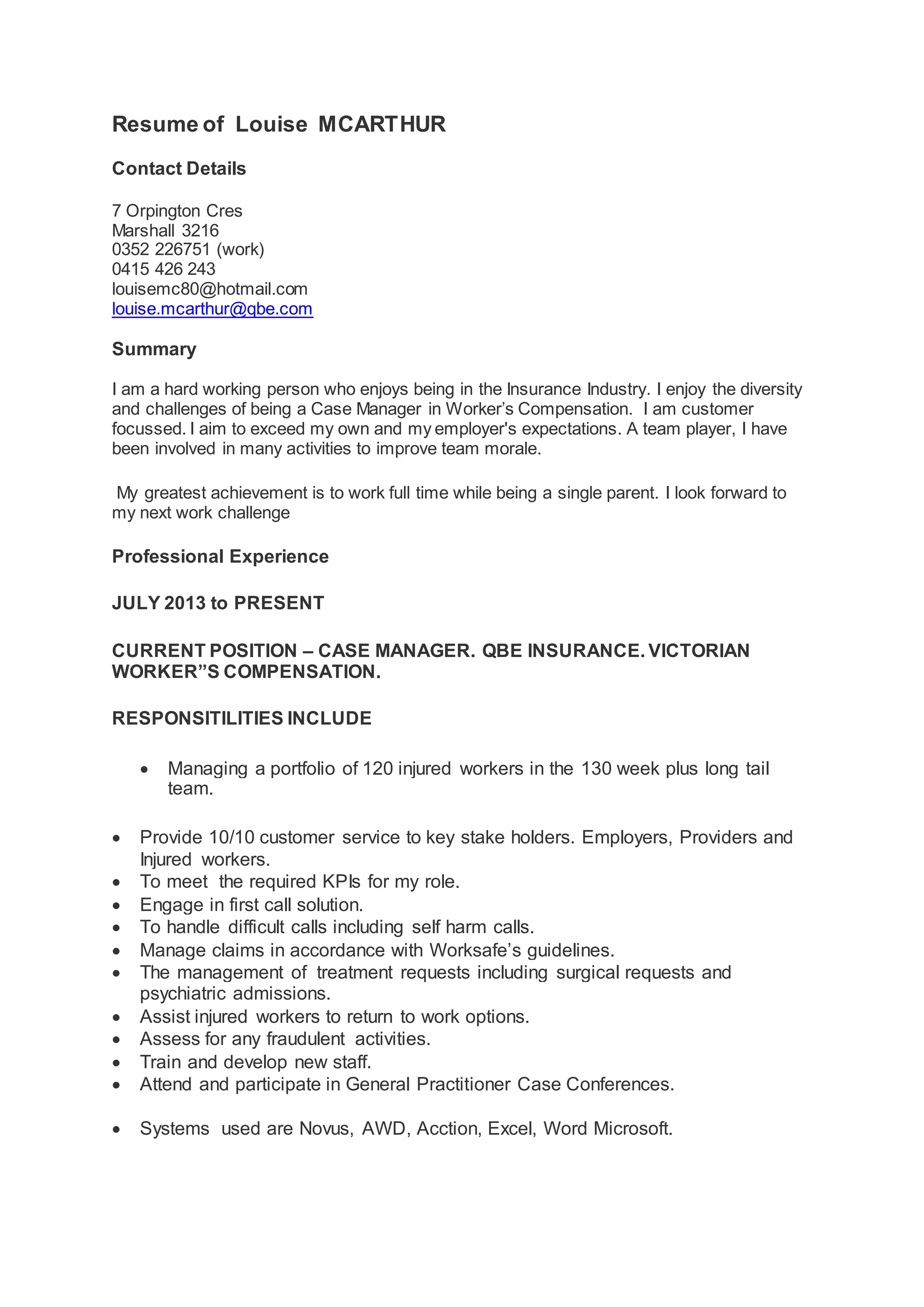 Resume of Louise mCArthur | DOCX