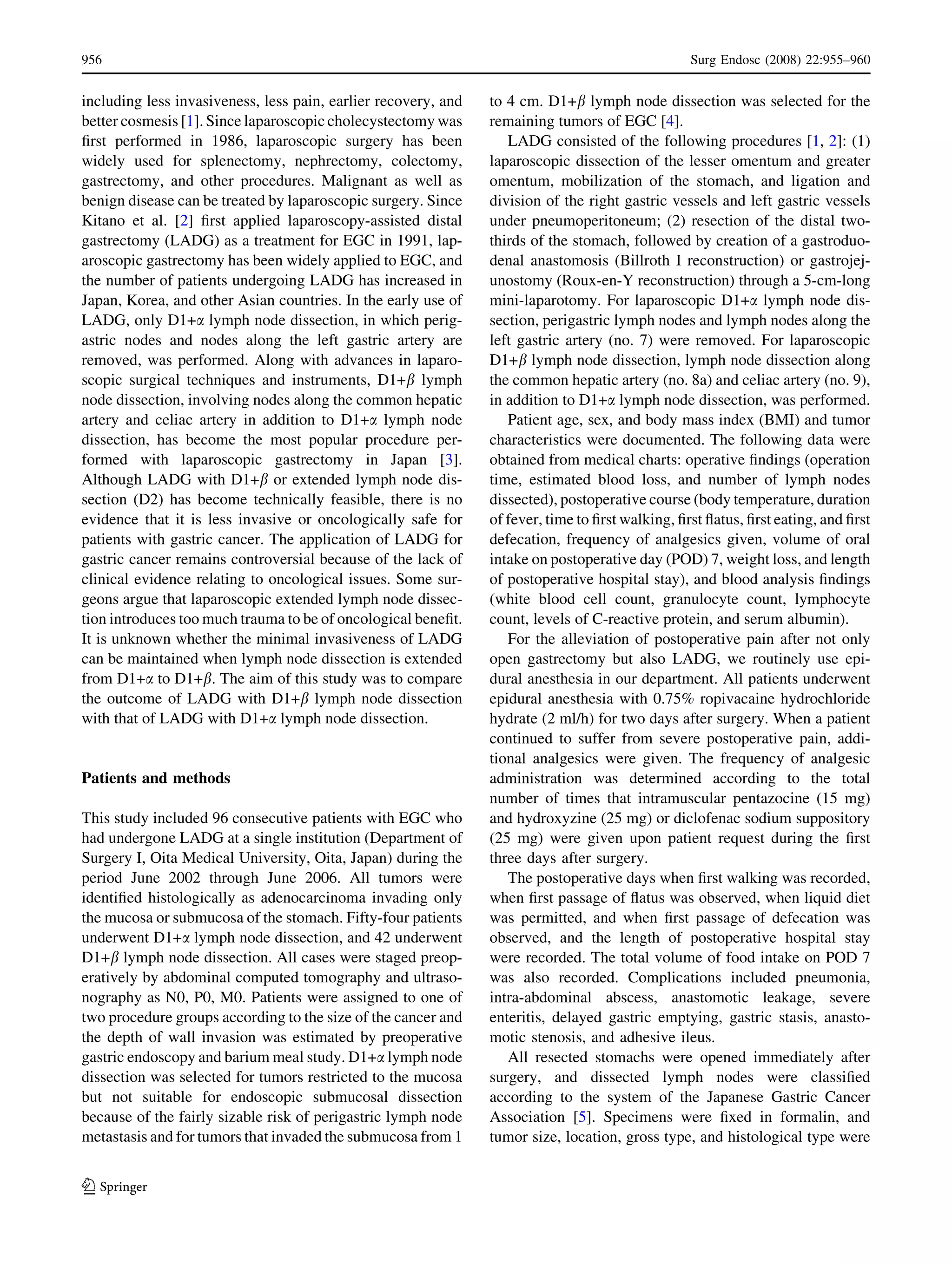 Laparoscopy-assisted distal gastrectomy with D1+β compared with D1+α lymph node dissection | PDF