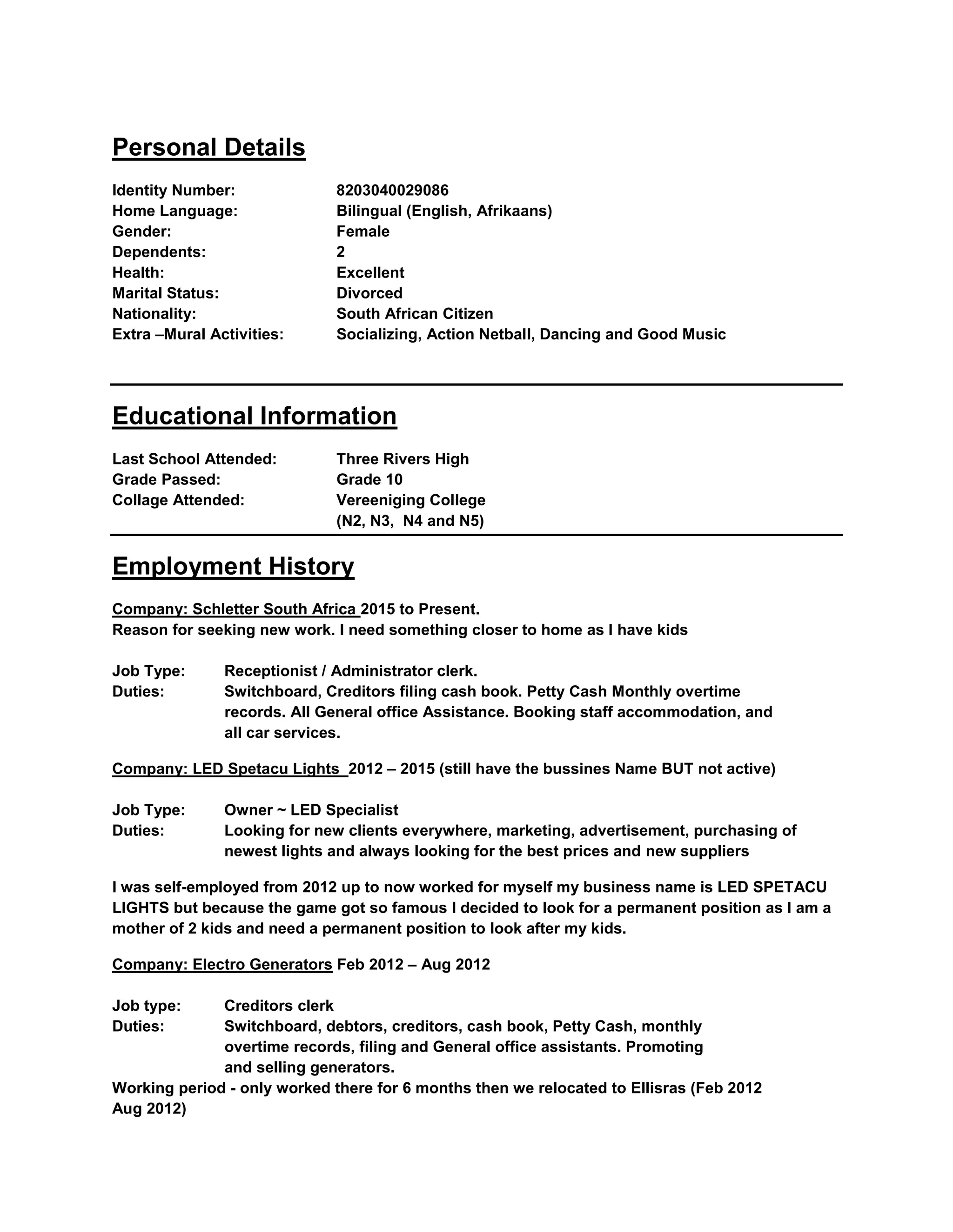 CV of Christina Judith Du Plessis | PDF