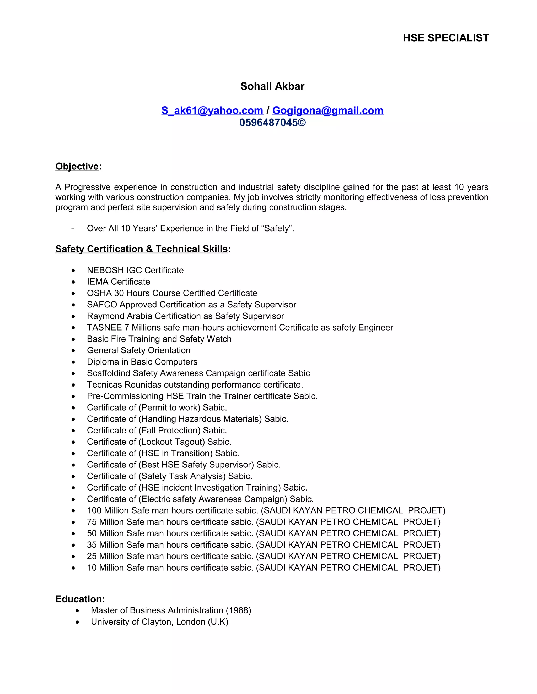 Sohail resume Safety specialist | PDF