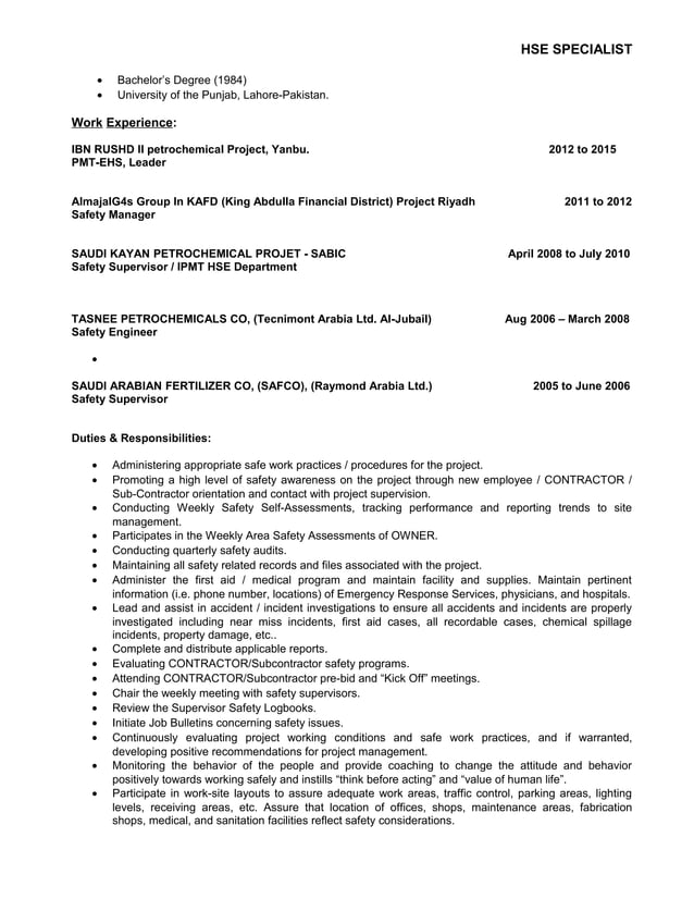 Sohail resume Safety specialist | PDF