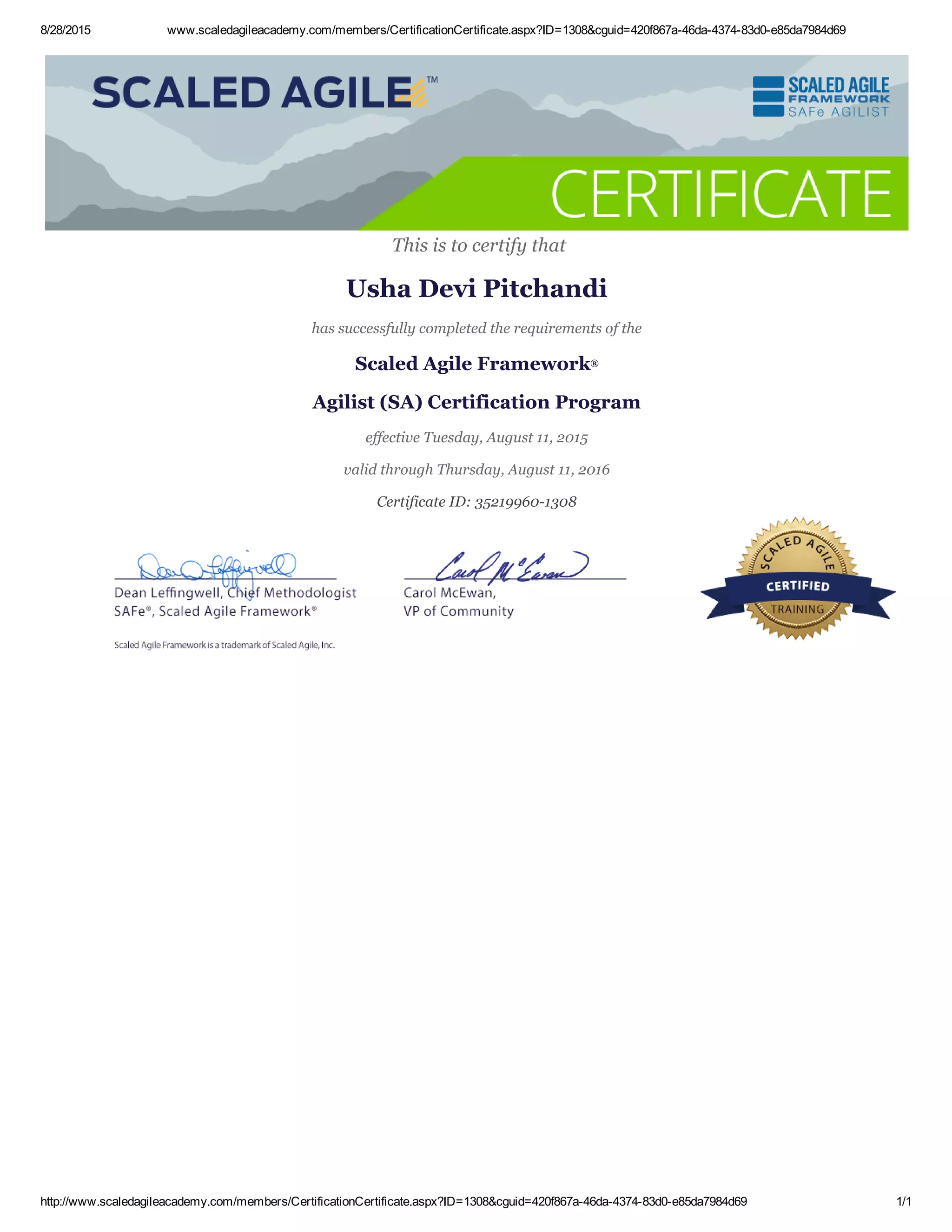 Usha Devi Pitchandi SAFE Agilist | PDF