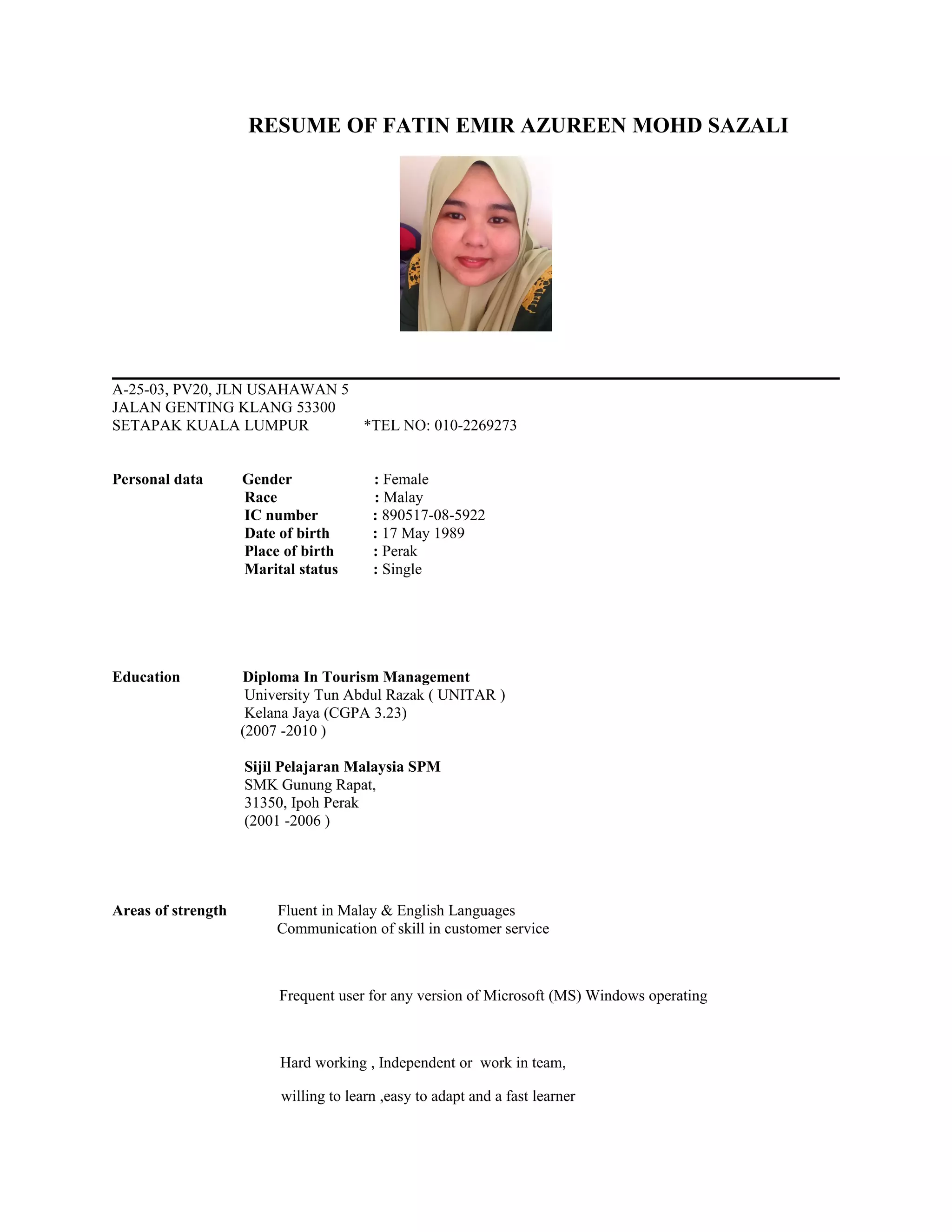 Resume_of_FATIN_EMIR_AZUREEN_MOHD_SAZALI1 (2) (01) (2) | PDF