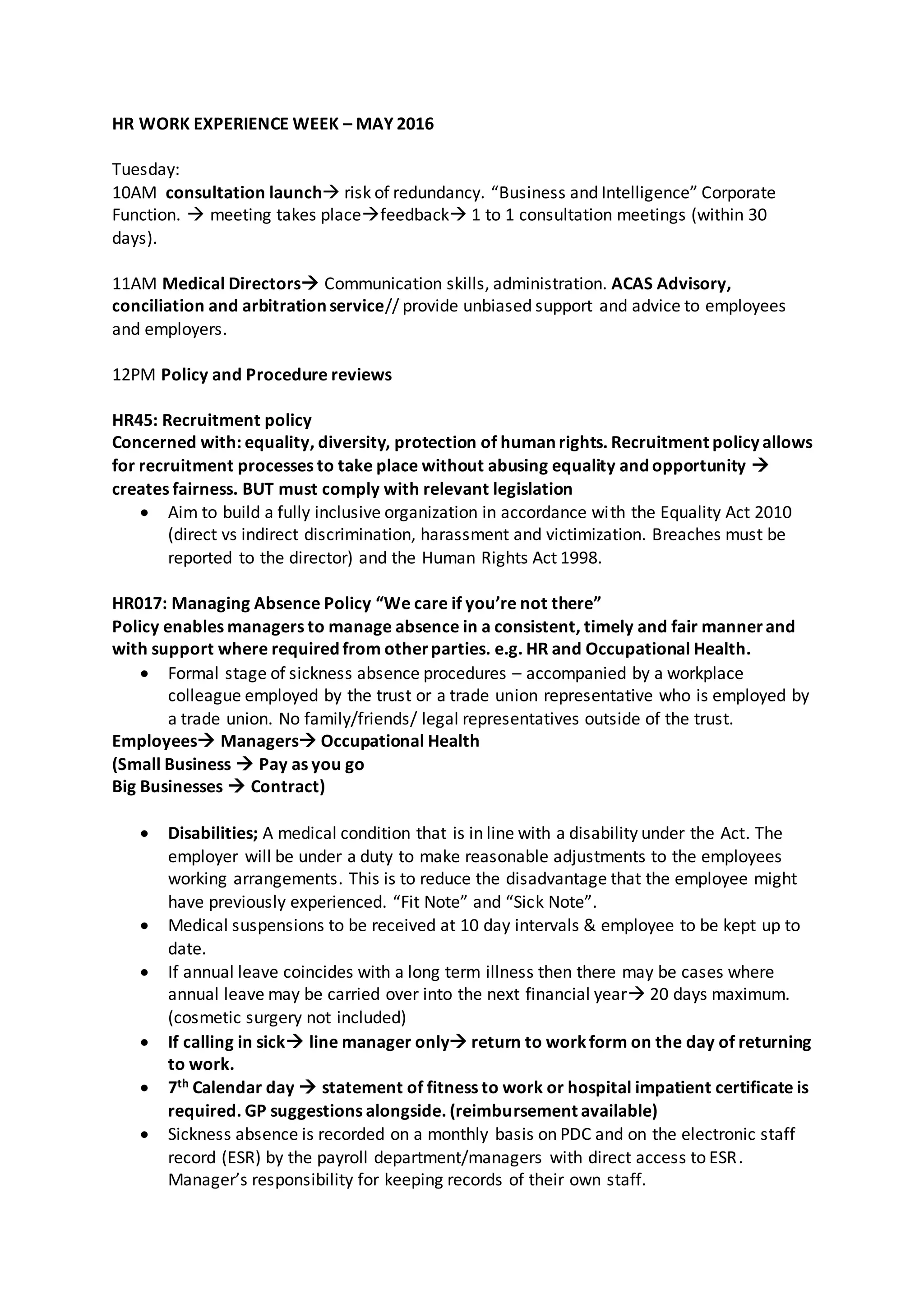 HR WORK EXPERIENCE NOTES POLICIES | DOCX