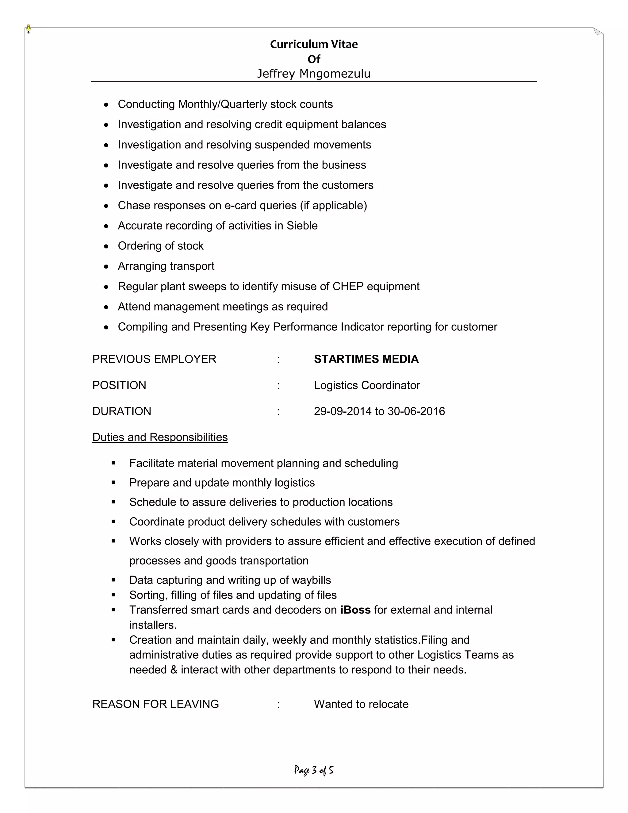 Curriculum of Jeffrey Mngomezulu | PDF