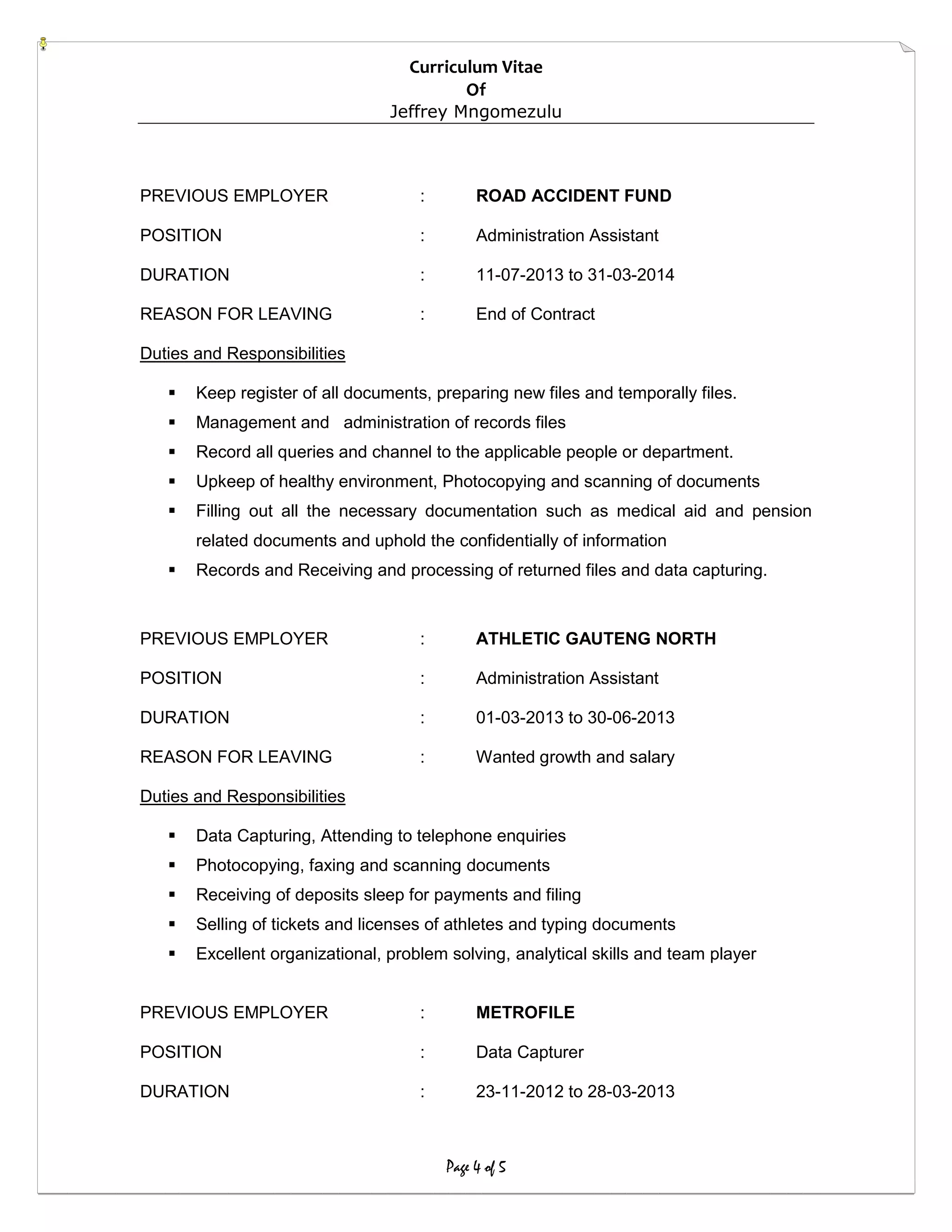 Curriculum of Jeffrey Mngomezulu | PDF