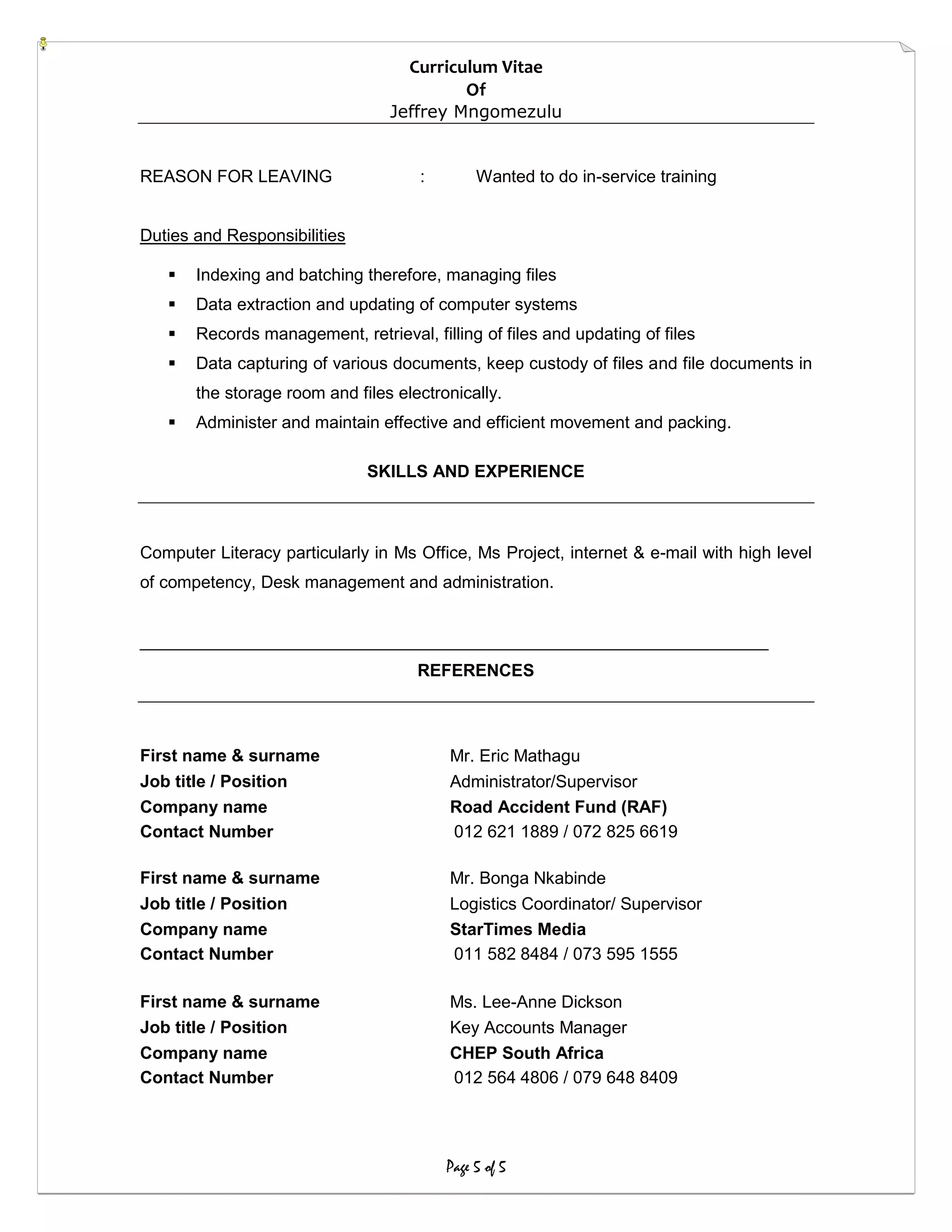 Curriculum of Jeffrey Mngomezulu | PDF