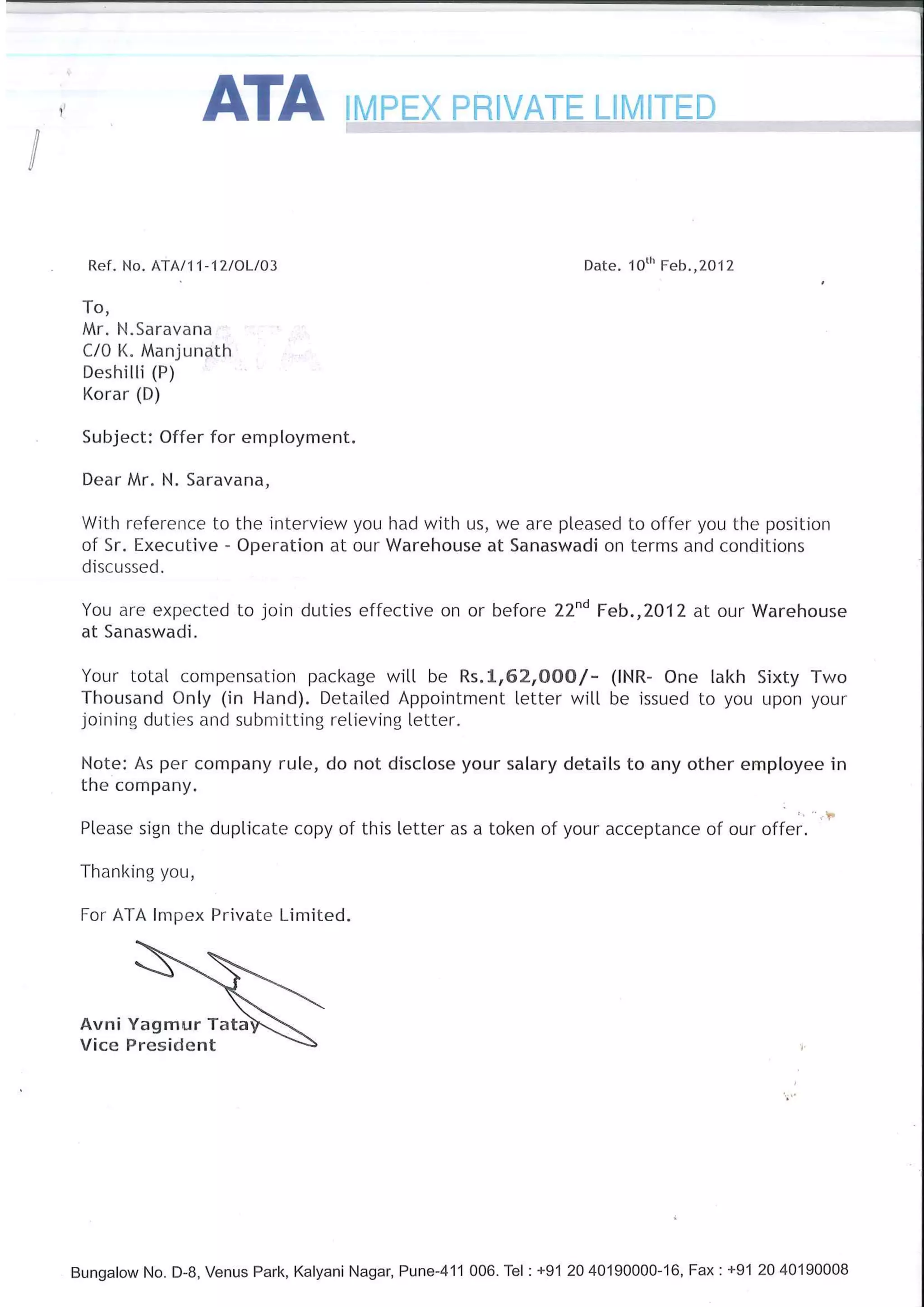 ATA & VOLVO-OFFER & EXP LETTER | PDF