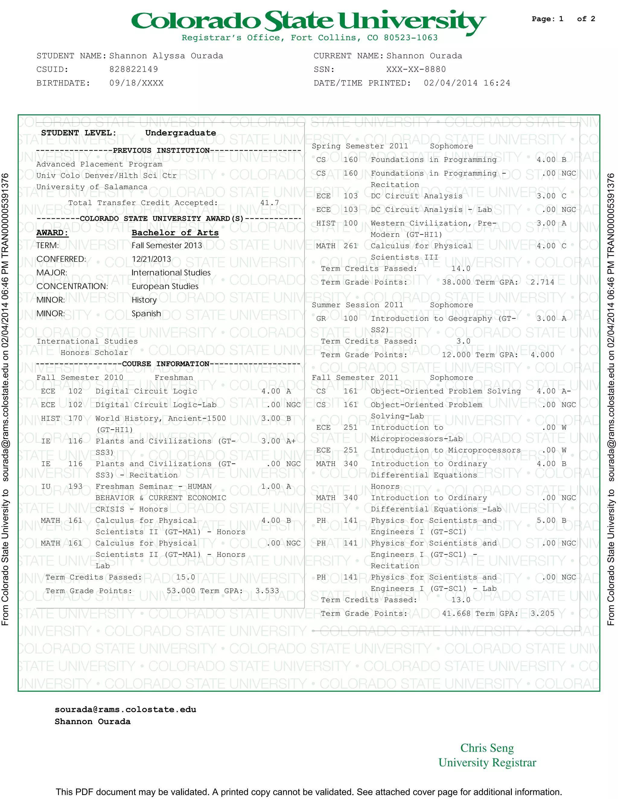 Shannon Ourada CSU Transcript | PDF