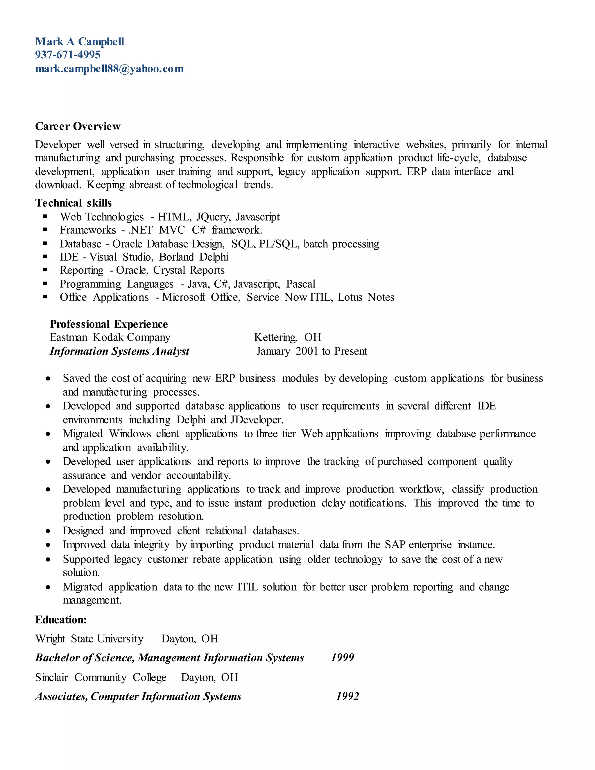 MarkCampbellResume02 | DOCX | Programming Languages | Computing