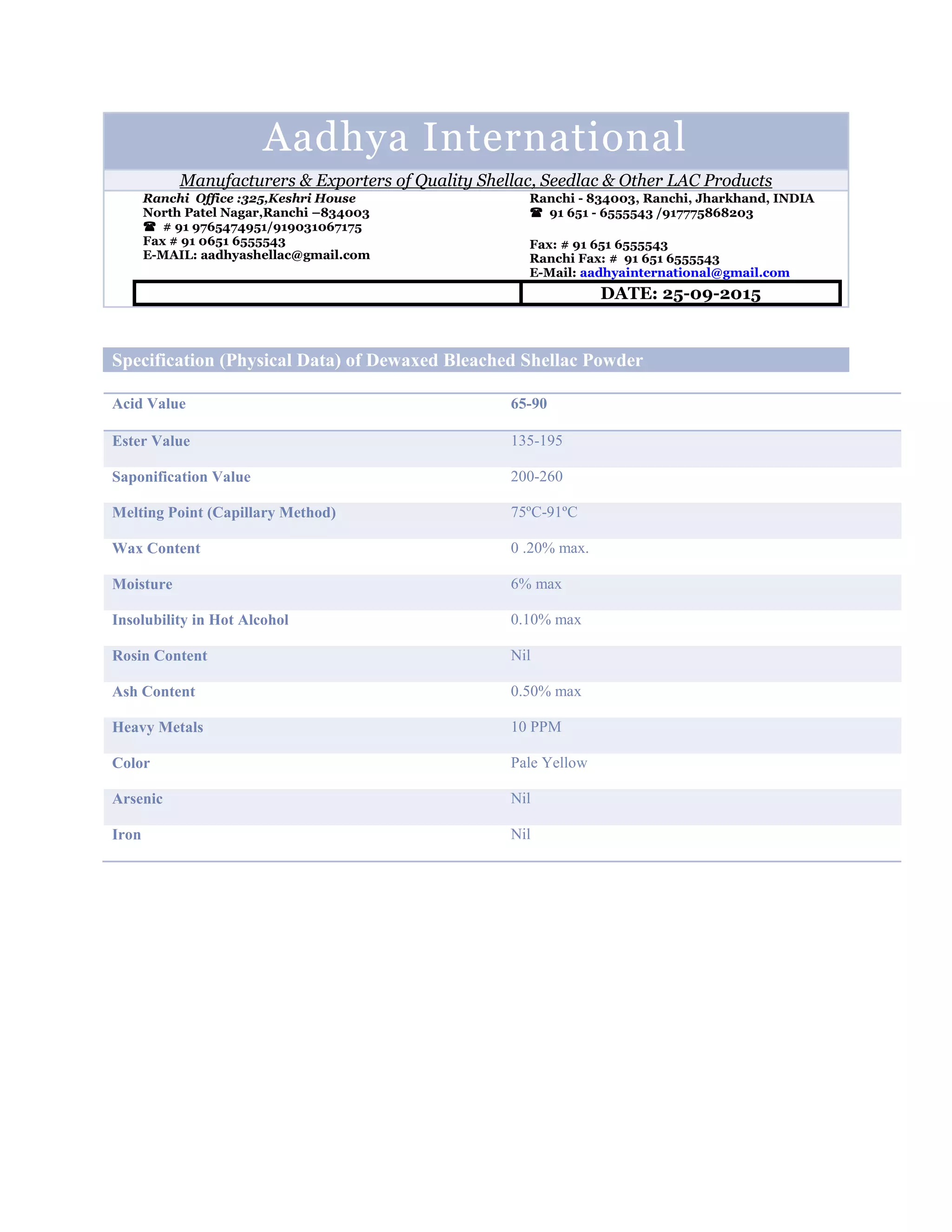 Aadhya International Dewaxed Specification | PDF