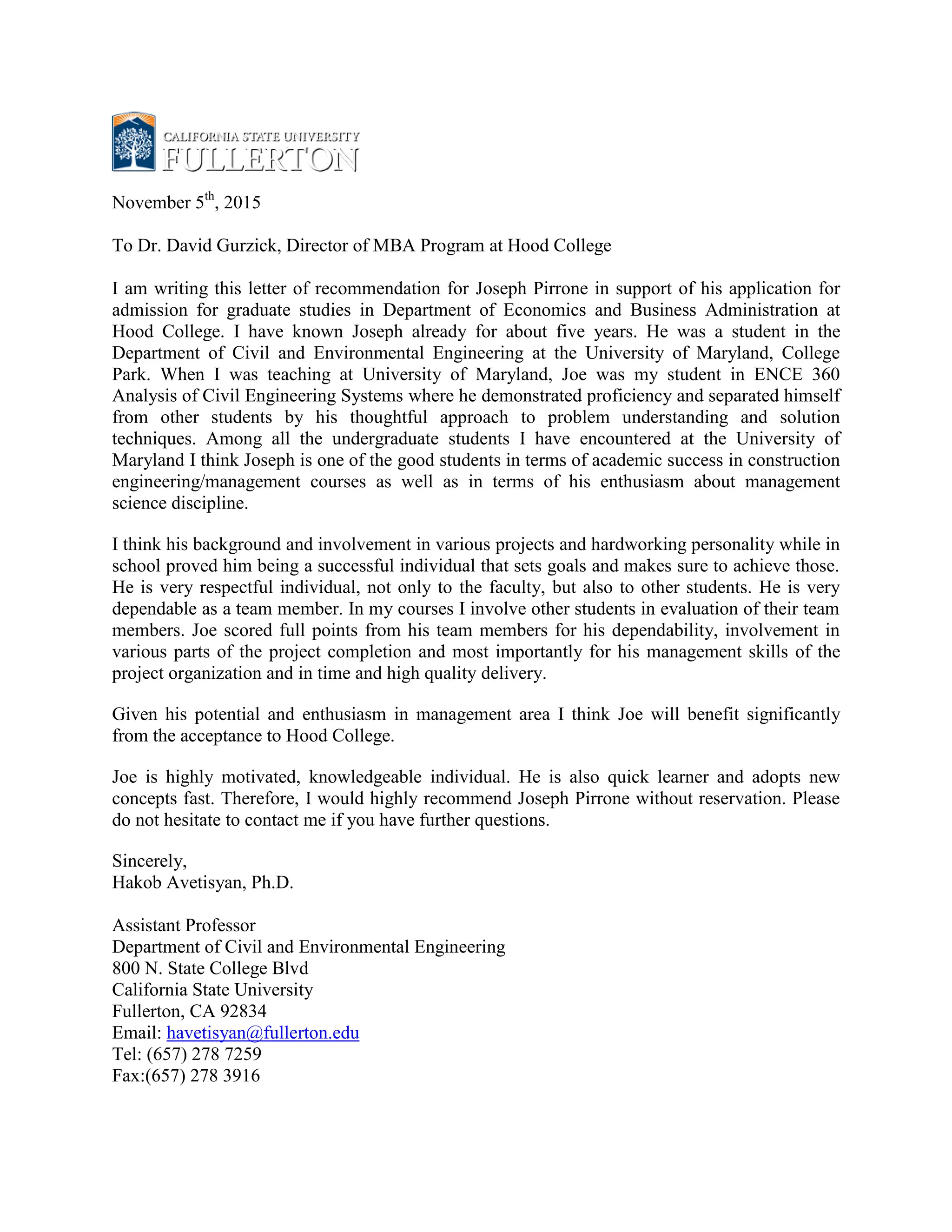 Recommendation letter for Joseph Pirrone_Hakob_UMD Professor | PDF