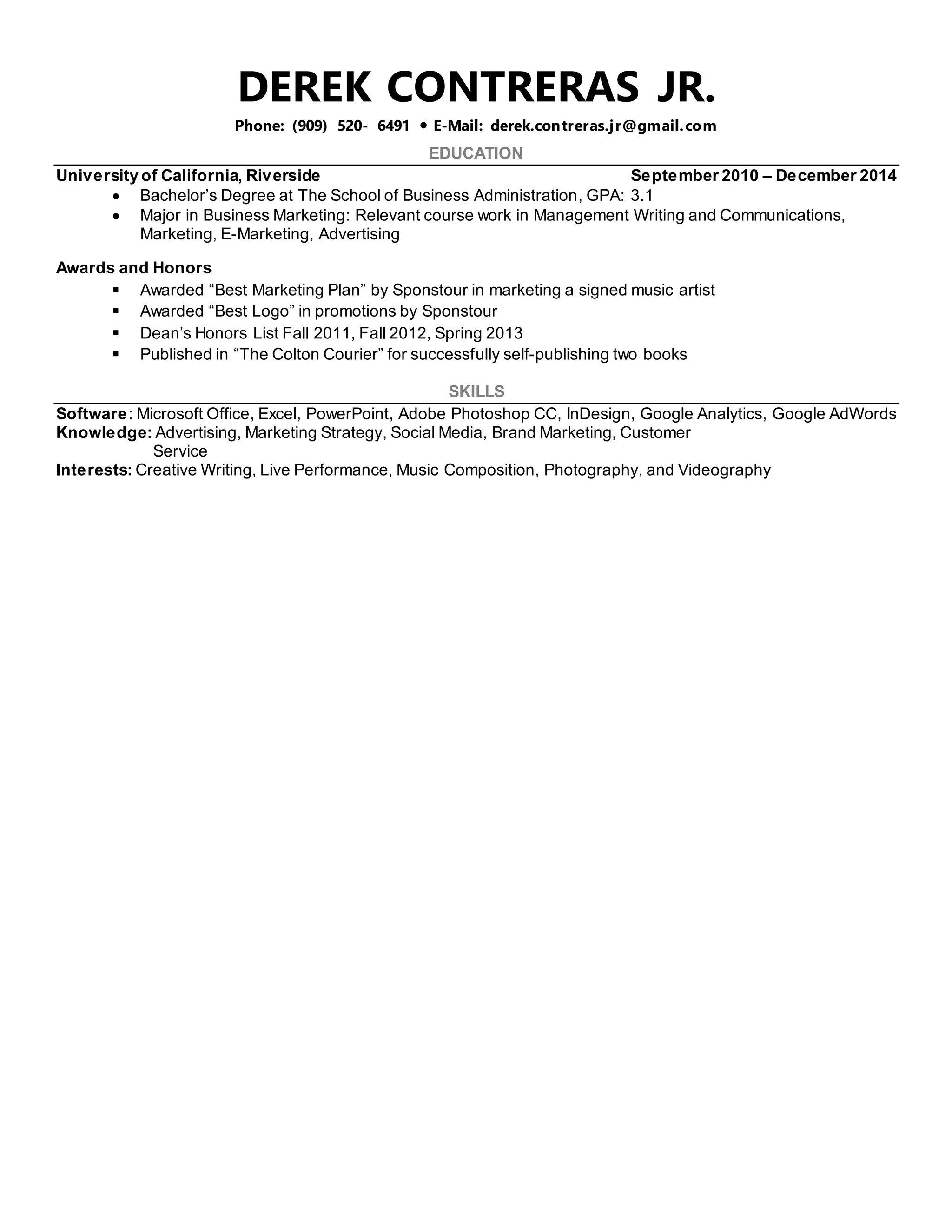 Derek Contreras Resume 2016 | DOCX