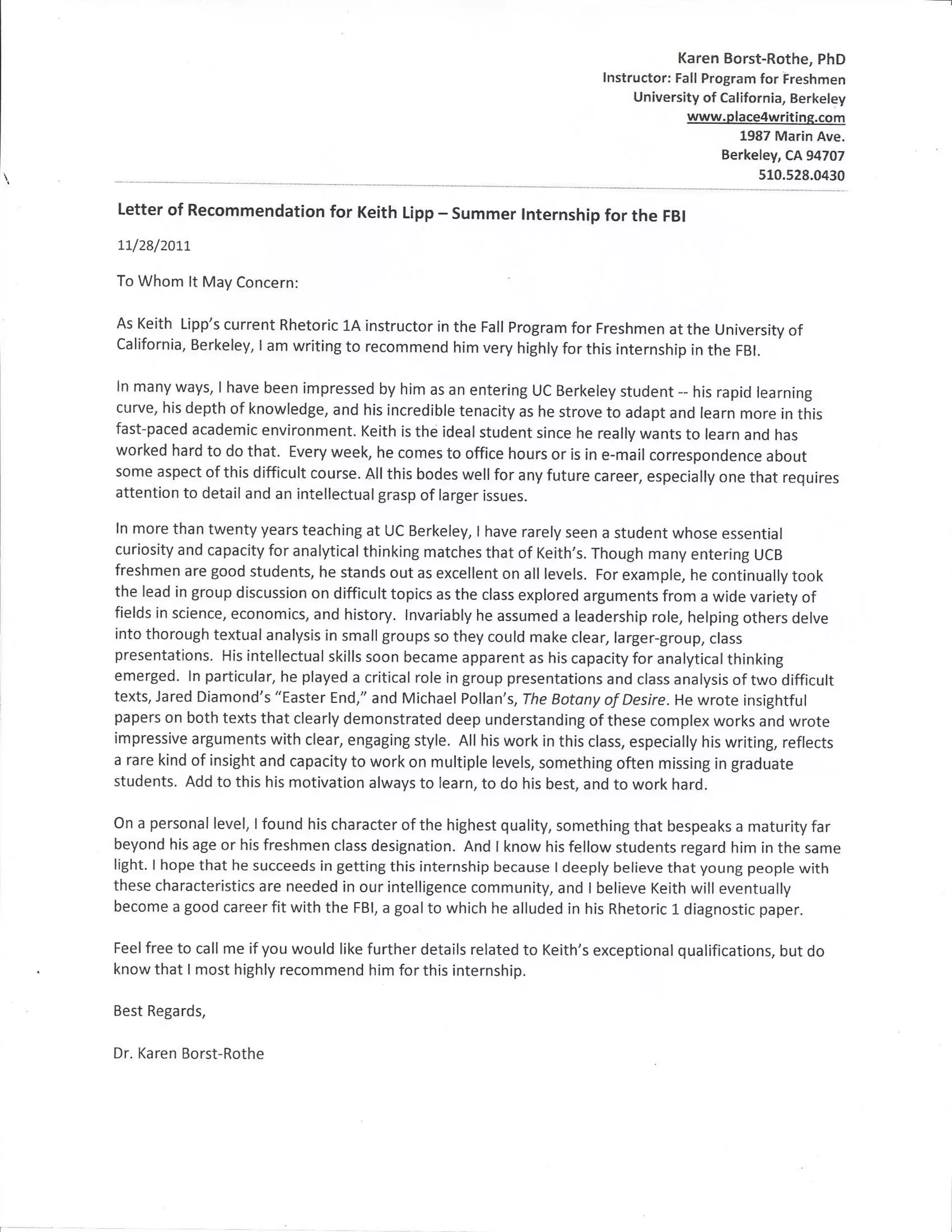 Karen Borst-Rothe Letter of Recommendation | PDF