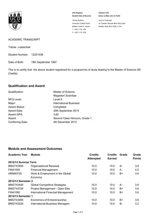 Academic Transcript | PDF | Postgraduate Education | College Education