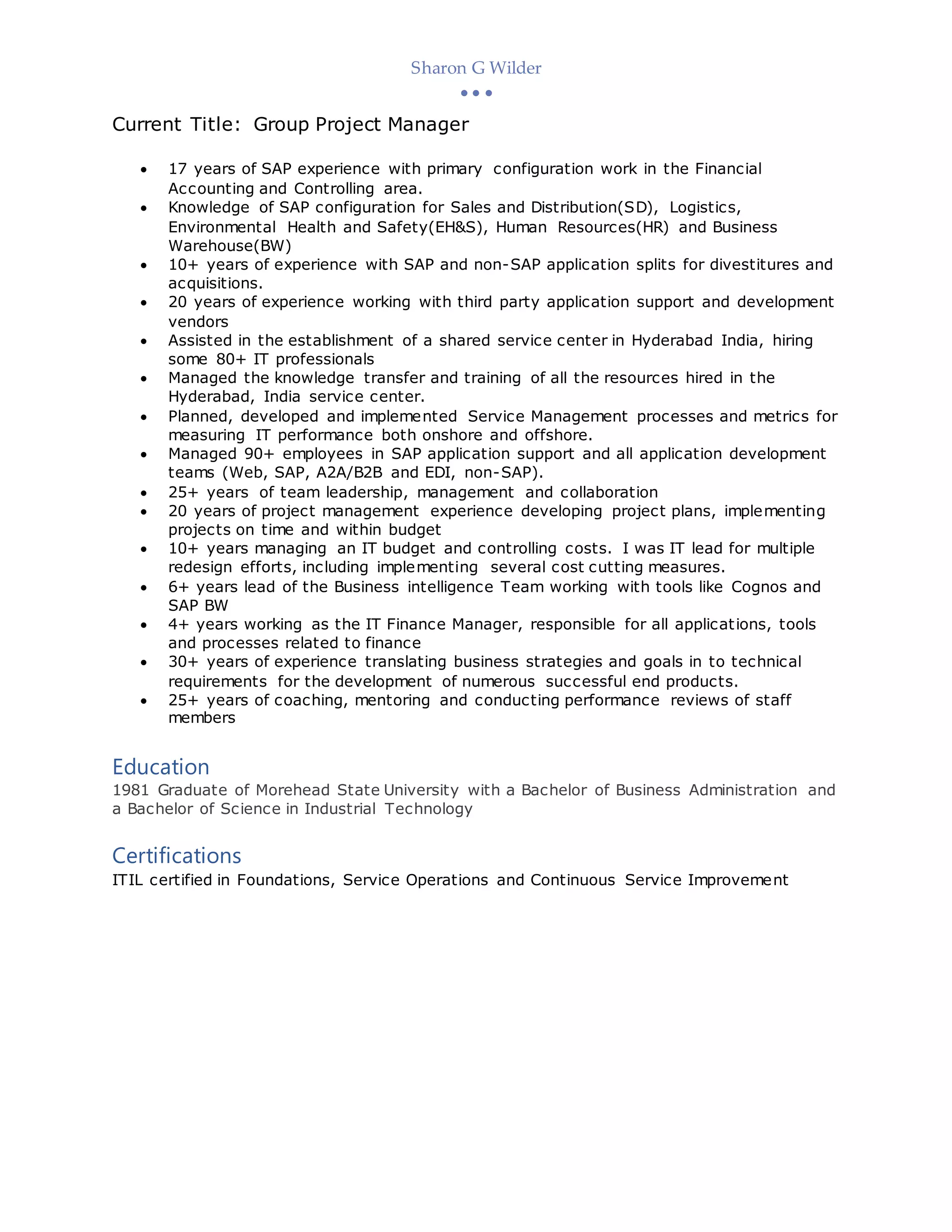 Sharon G Wilder Resume v1 | DOCX