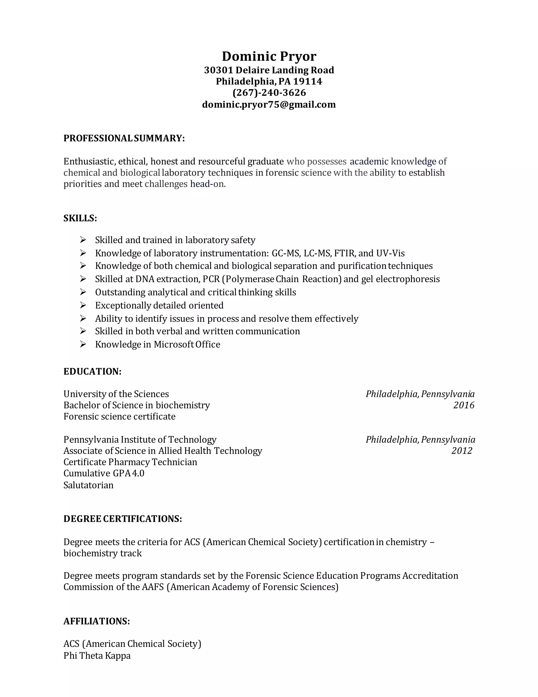 Entry level forensic scientist resume | PDF