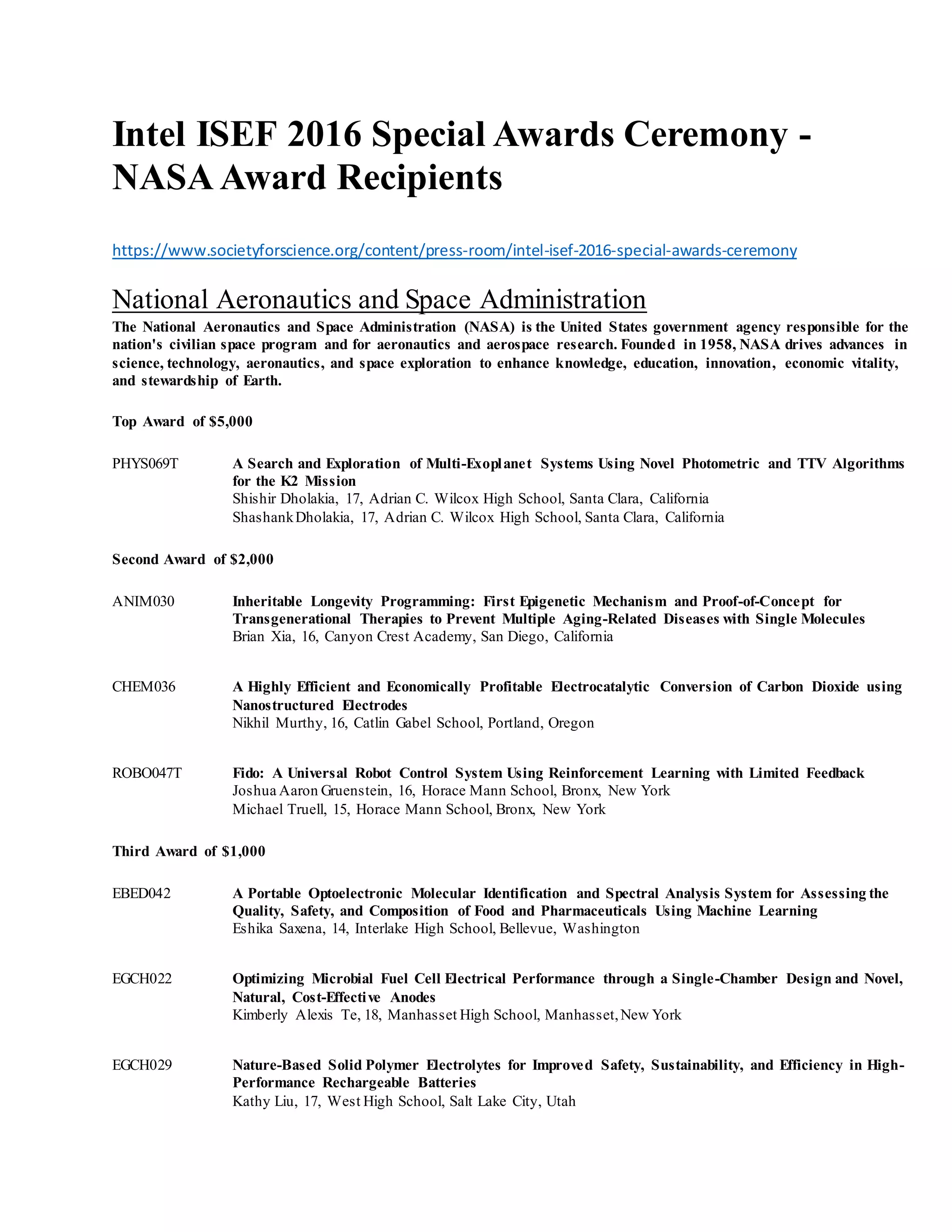 Highlight LTC Palaszewski ISEF Intel 05-2016 | PDF