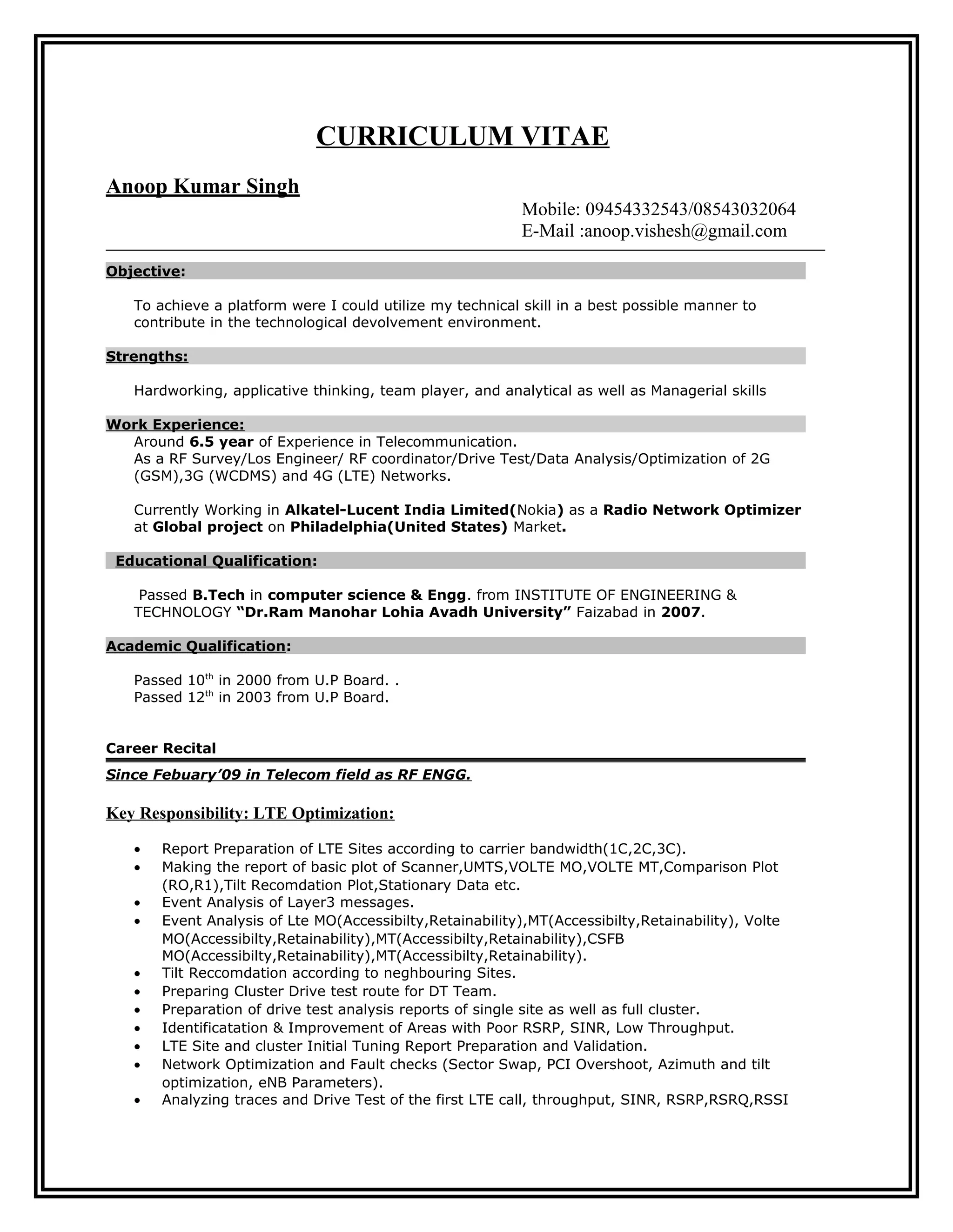 Resume-RNO | DOC | Telecommunications Industry | Industries