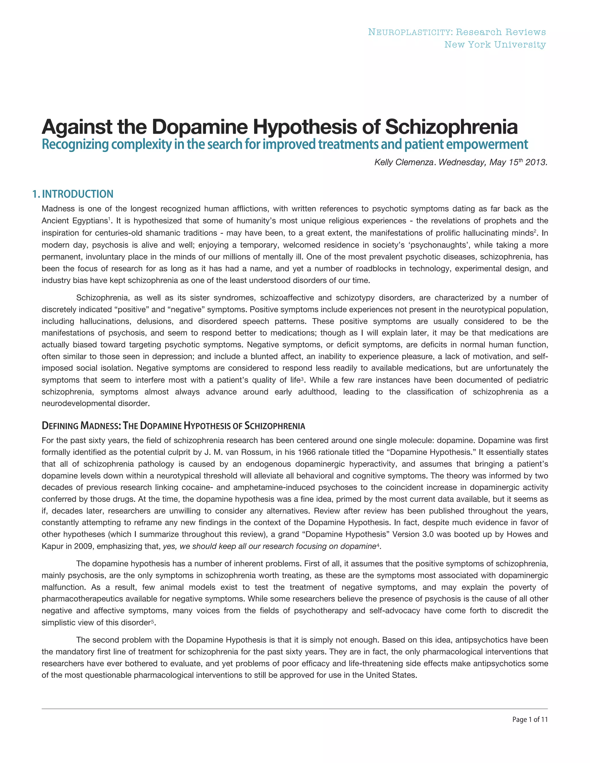 Assignment - Against the Dopamine Hypothesis of Schizophrenia | PDF