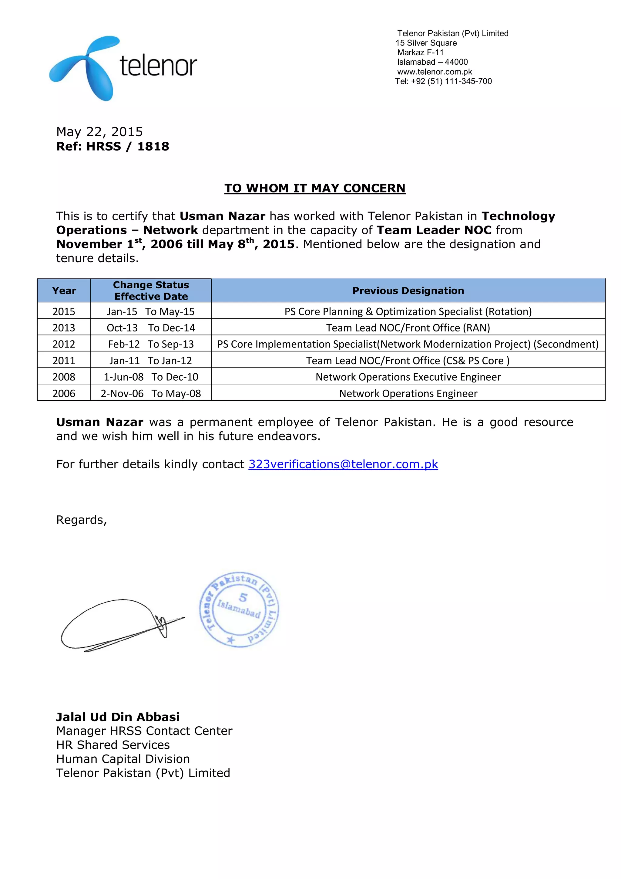 TP Experience Letter Usman Nazar-2015 Detailed | PDF