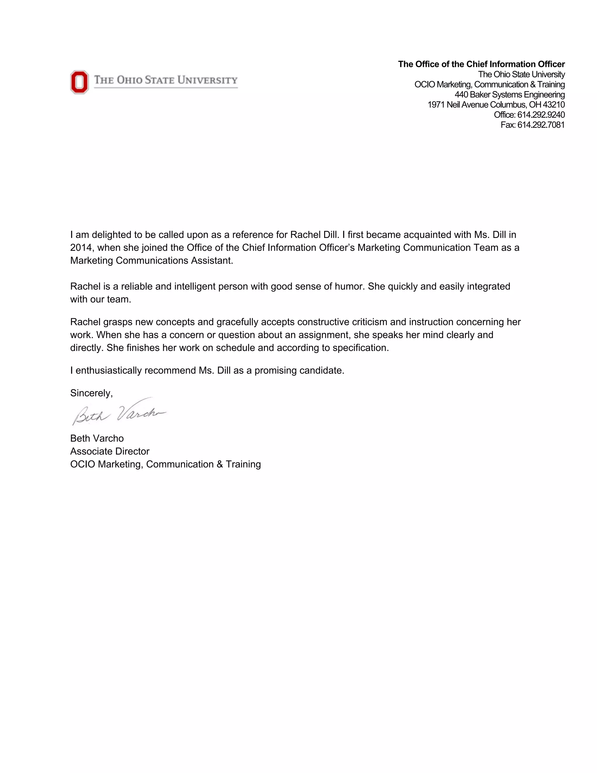 RachelDillRecommendationOCIO | PDF