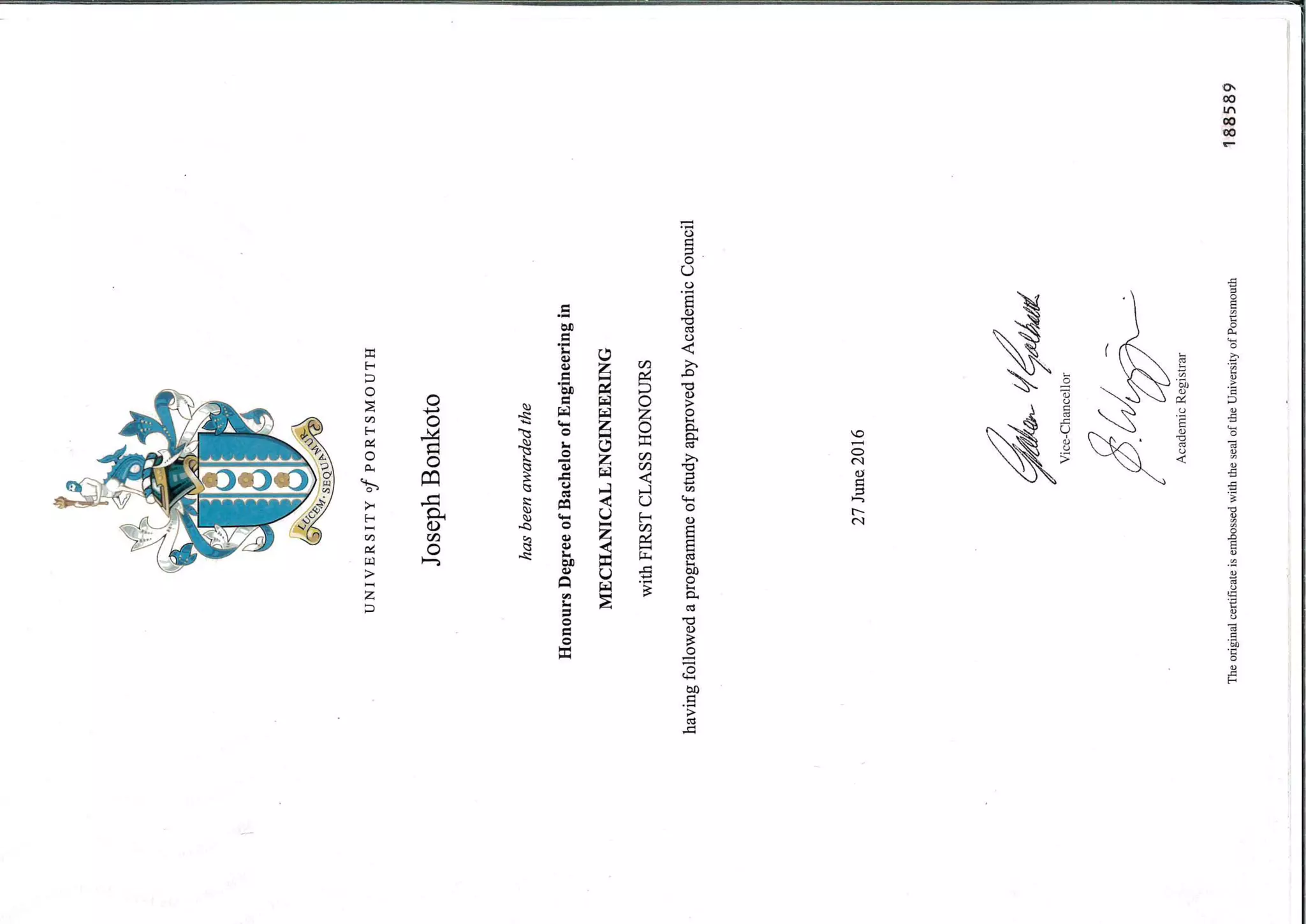 BEng Mech Degree Certificate | PDF
