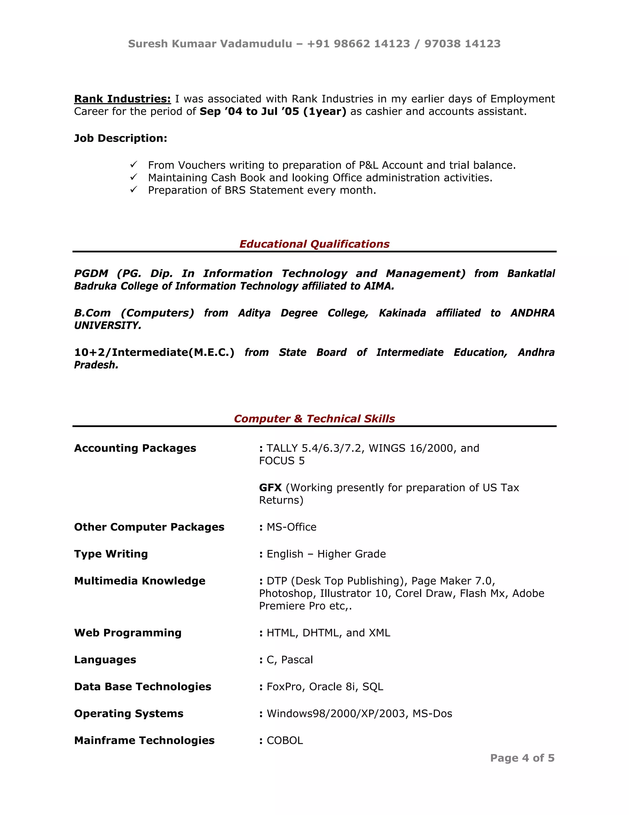 V Suresh Kumaar's CV | PDF | Business Accounting & Finance | Business