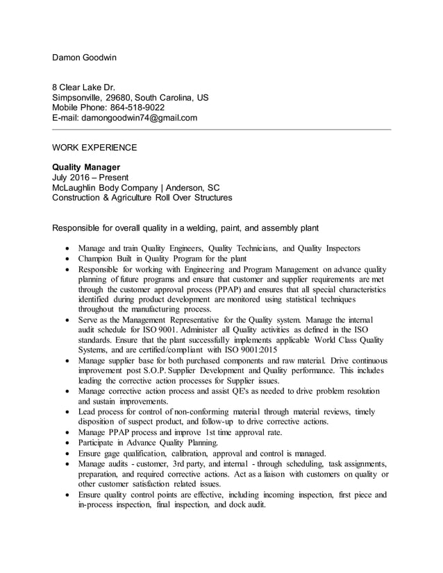 Quality Manager-Damon Goodwin | PDF