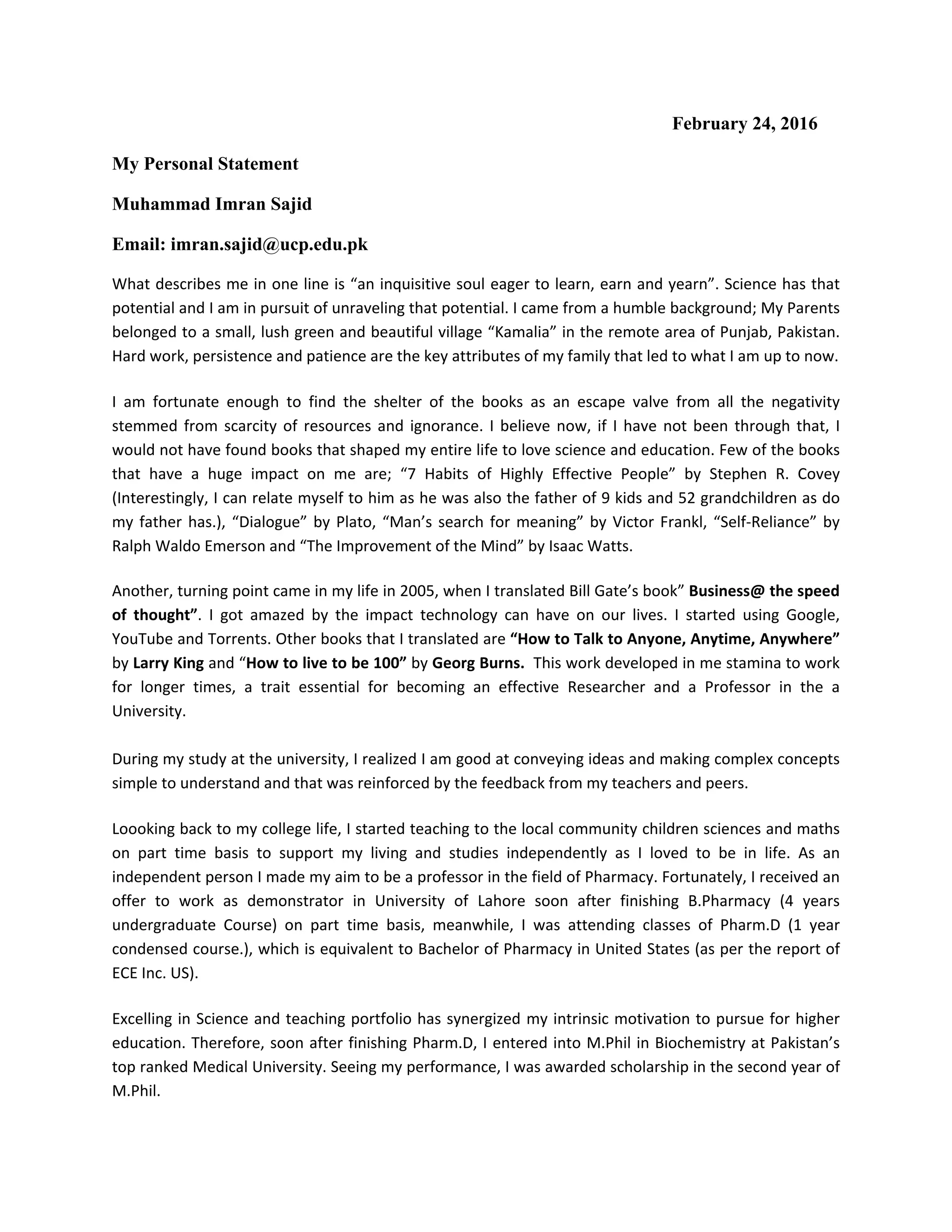 Motivation letter Muhammad Imran Sajid | PDF