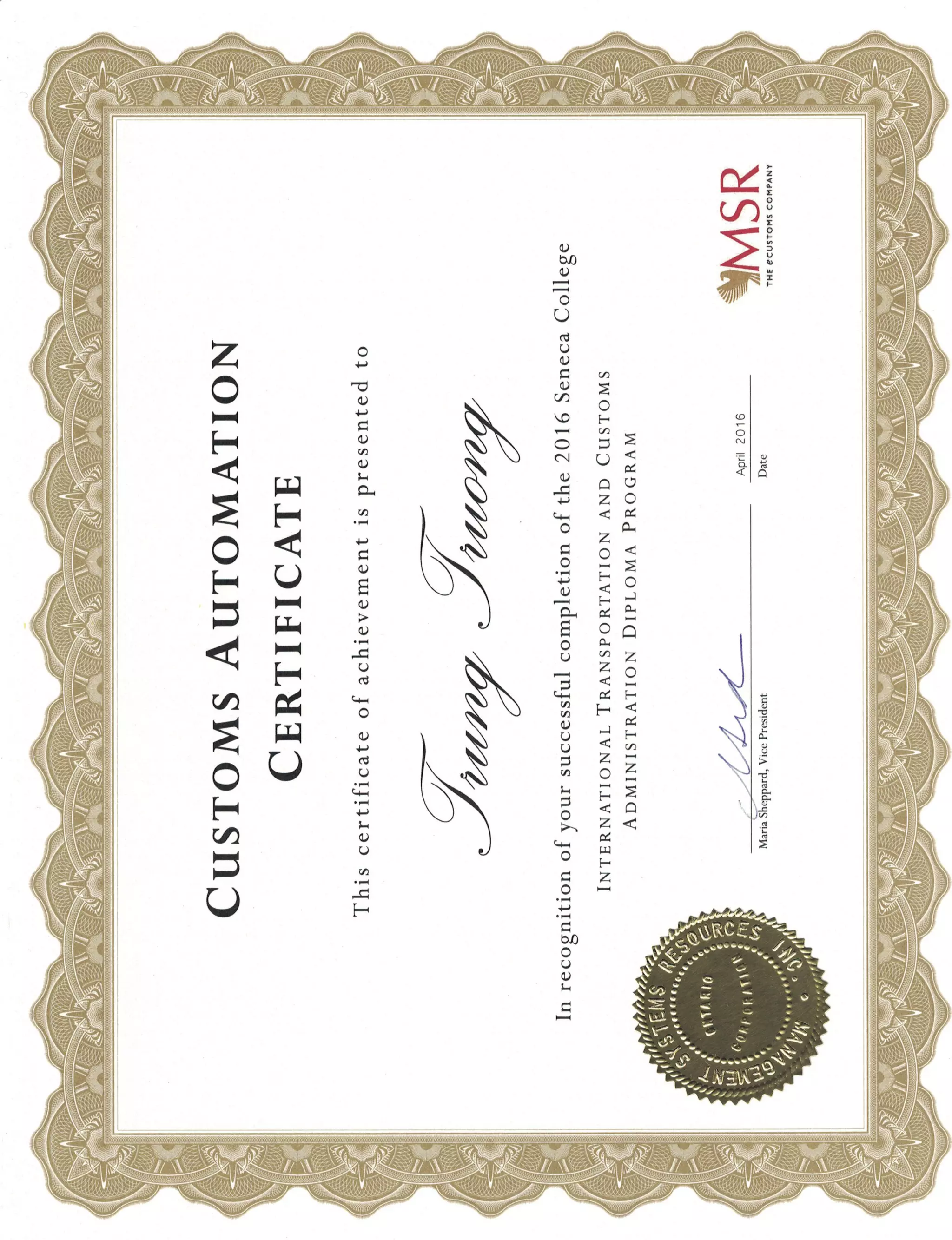 MSR Customs Automation Certificate | PDF