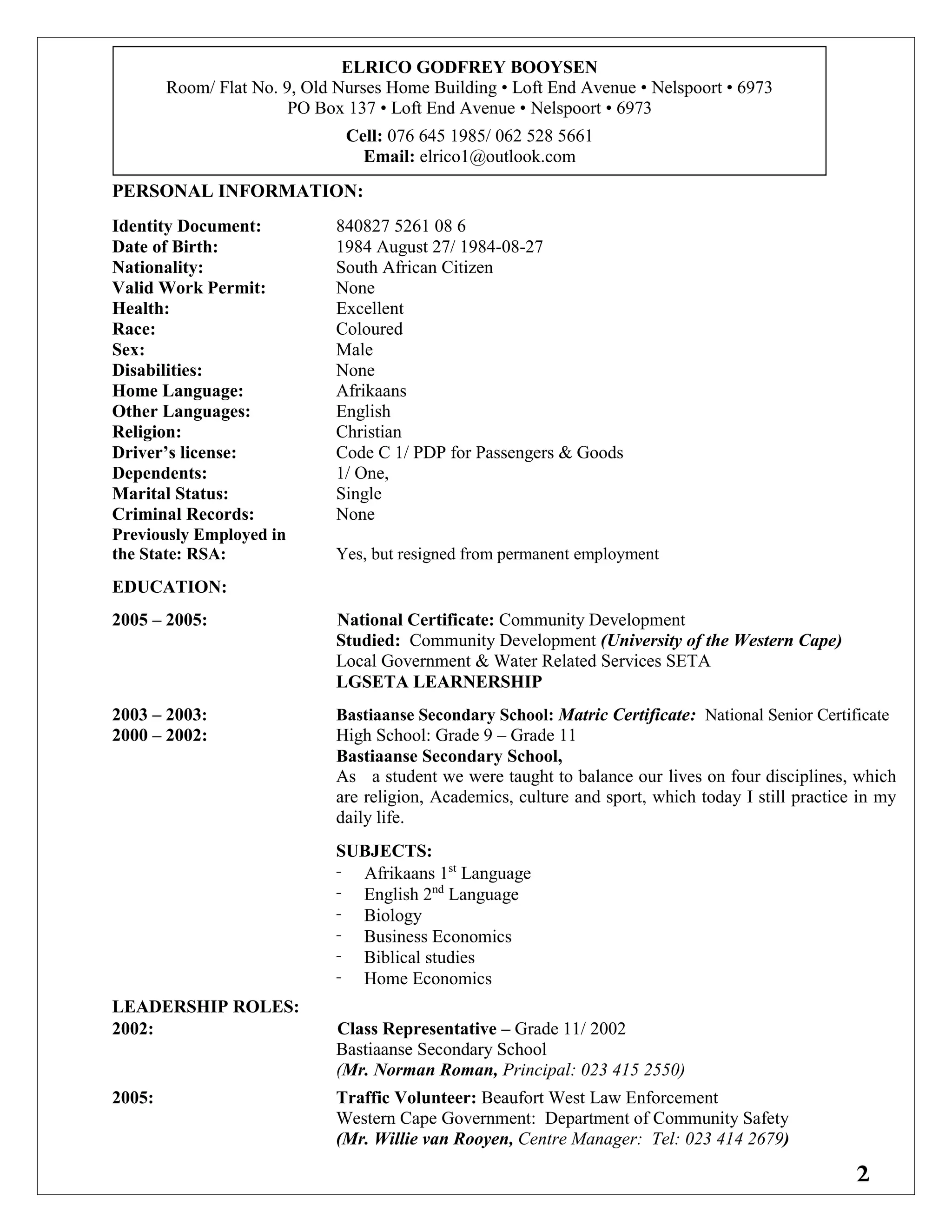 1_CV_Elrico_Godfrey_Booysen_Jan_2017 | PDF