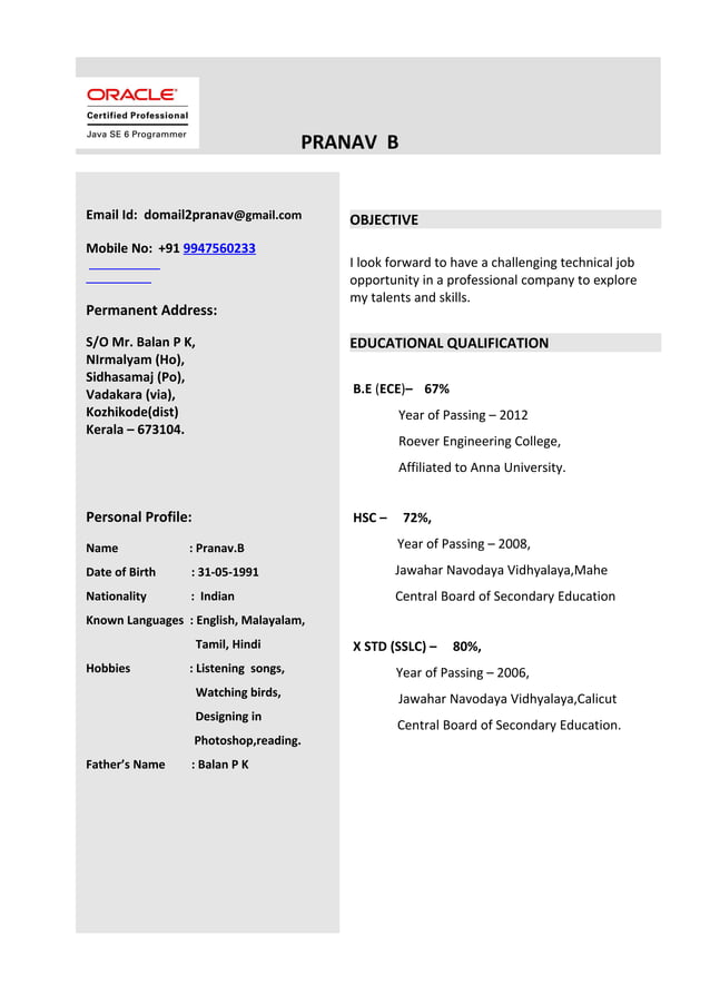PRANAV_B_BE_ORACLE_CERTIFIED_JAVA_ROFESSIONAL | DOC | Programming Languages | Computing