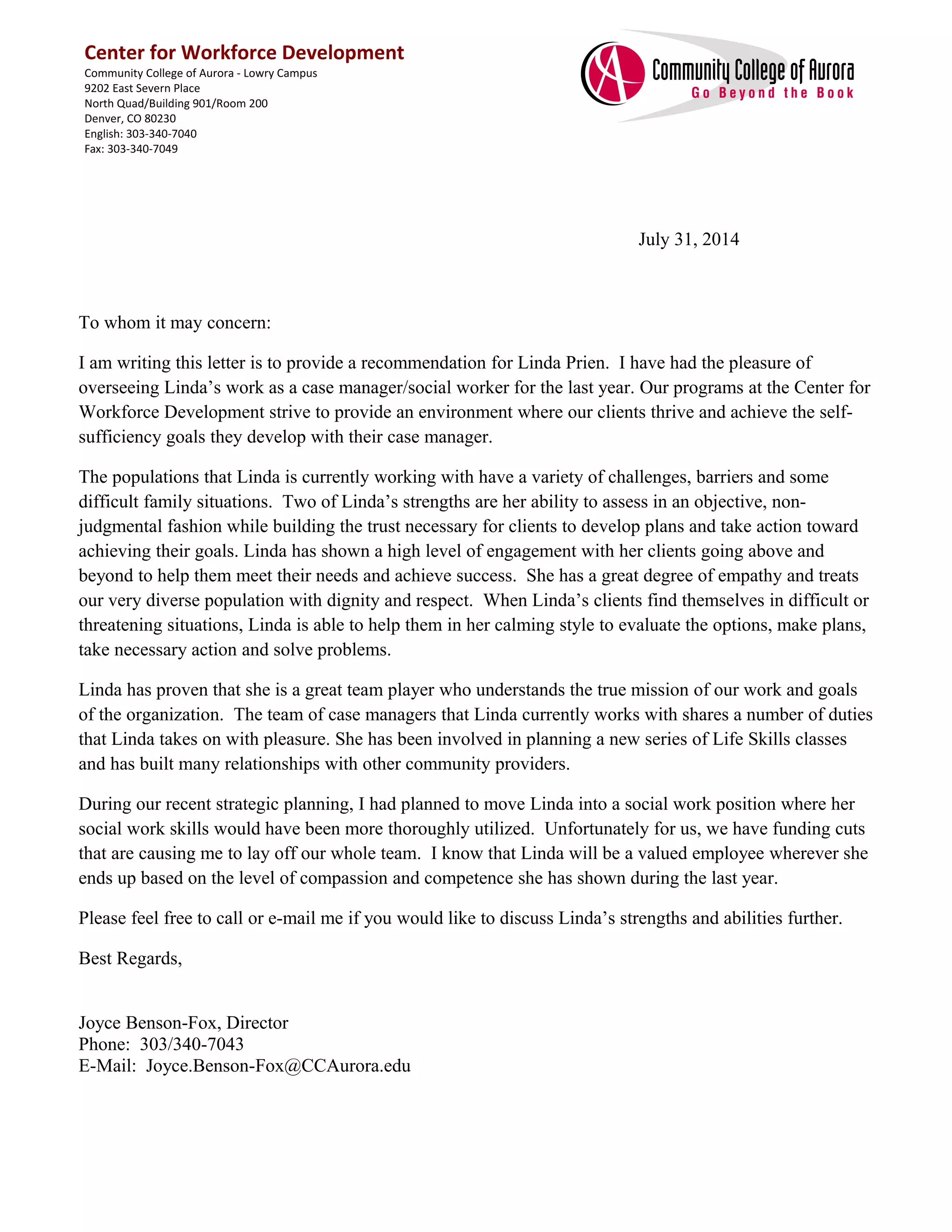 Linda Prien Ref Letter (July 2014) | PDF