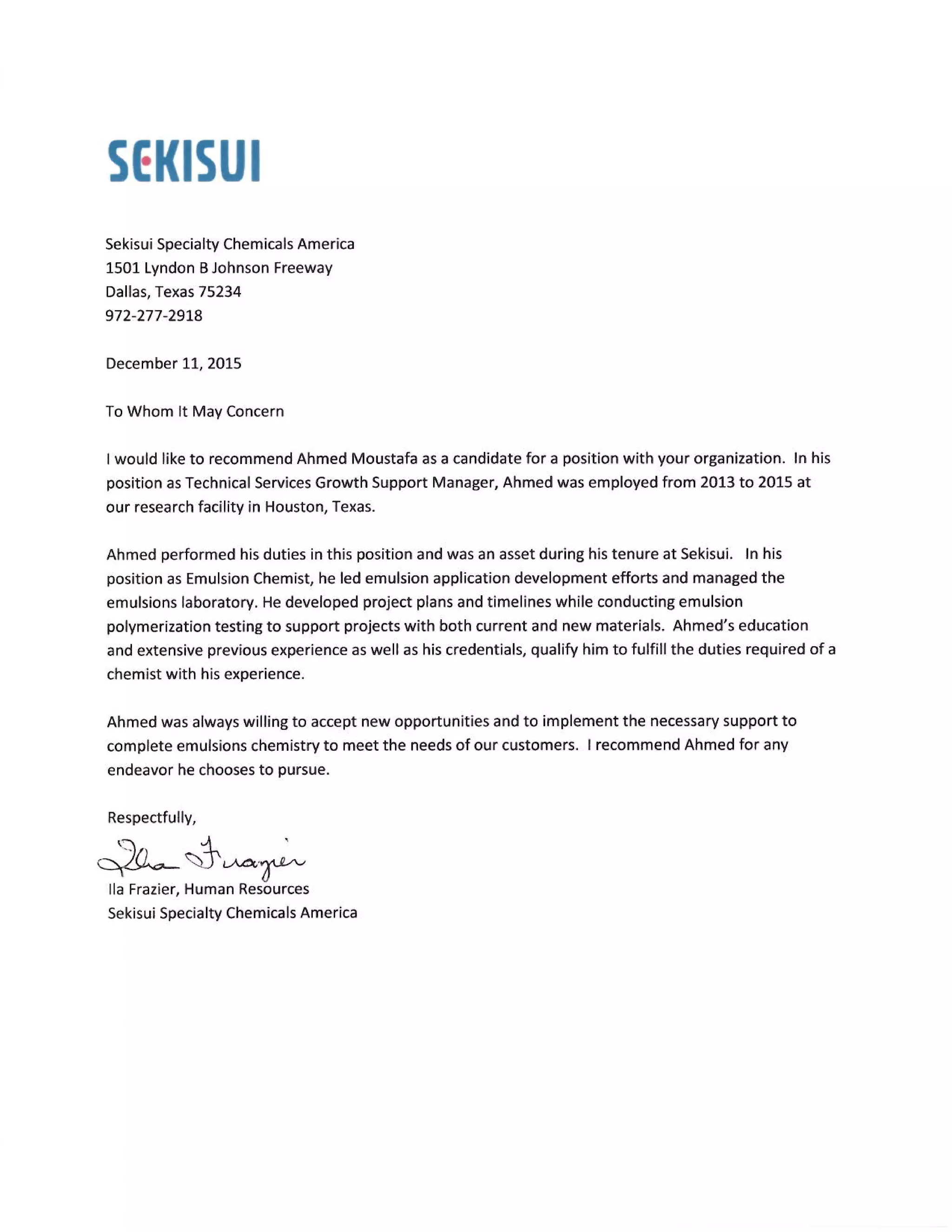sekisui recommendation letter | PDF