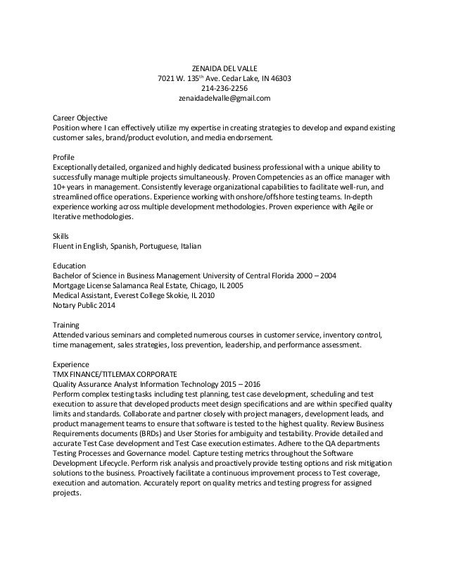 ZENAIDA DEL VALLE RESUME