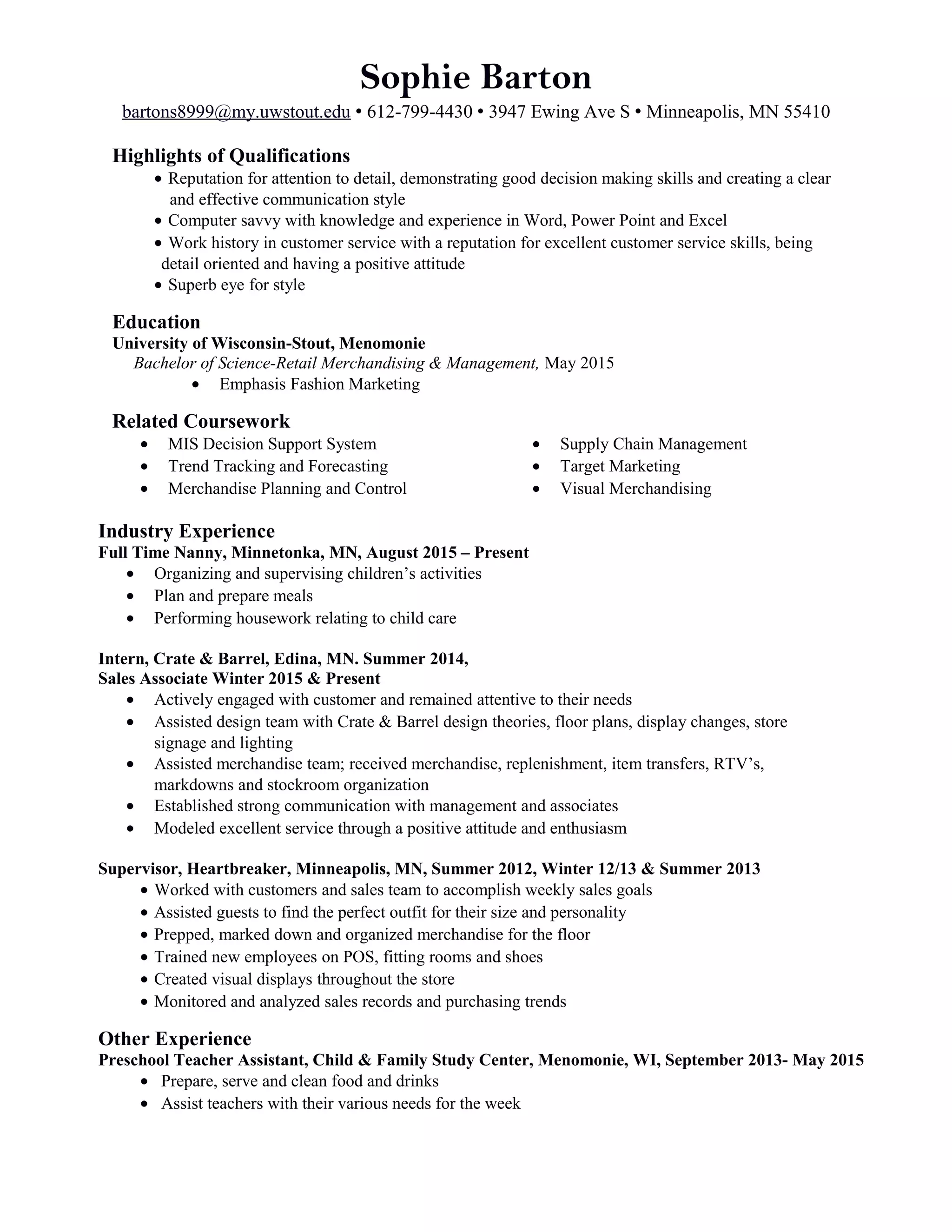 Sophie Barton Resume | DOC